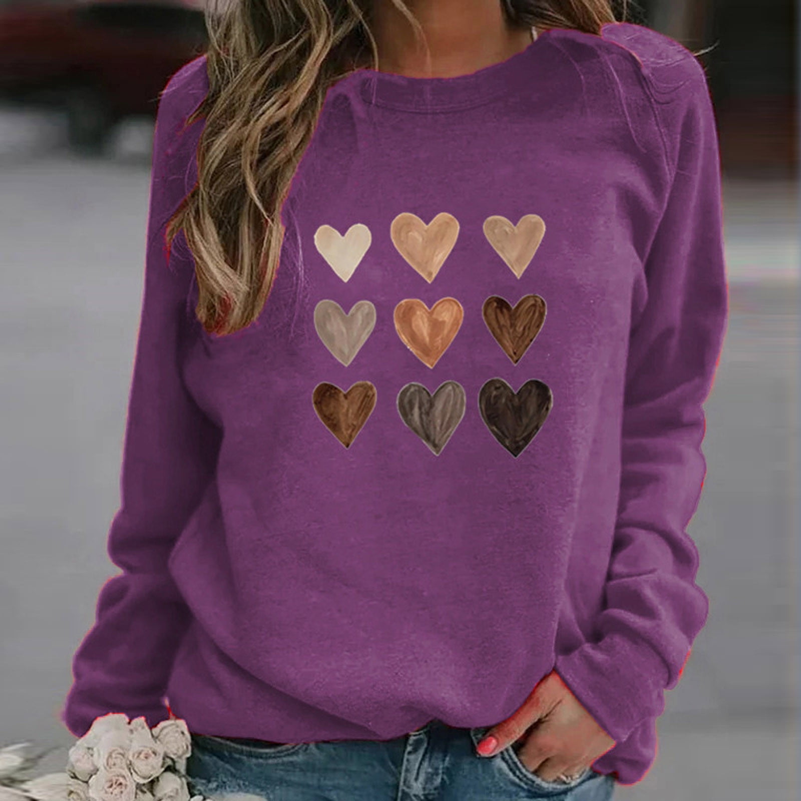 QUNYINEY Crew Neck Womens Sweatshirt Purple Love Heart Casual Long ...
