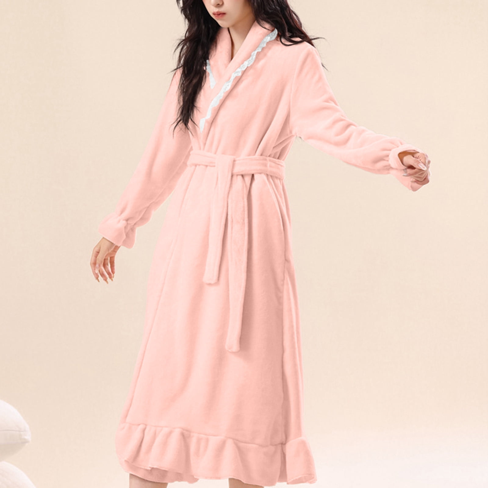 QUNYINEY Flannel Bathrobes for Women Fluffy Pink Long Sleeve Kimono ...