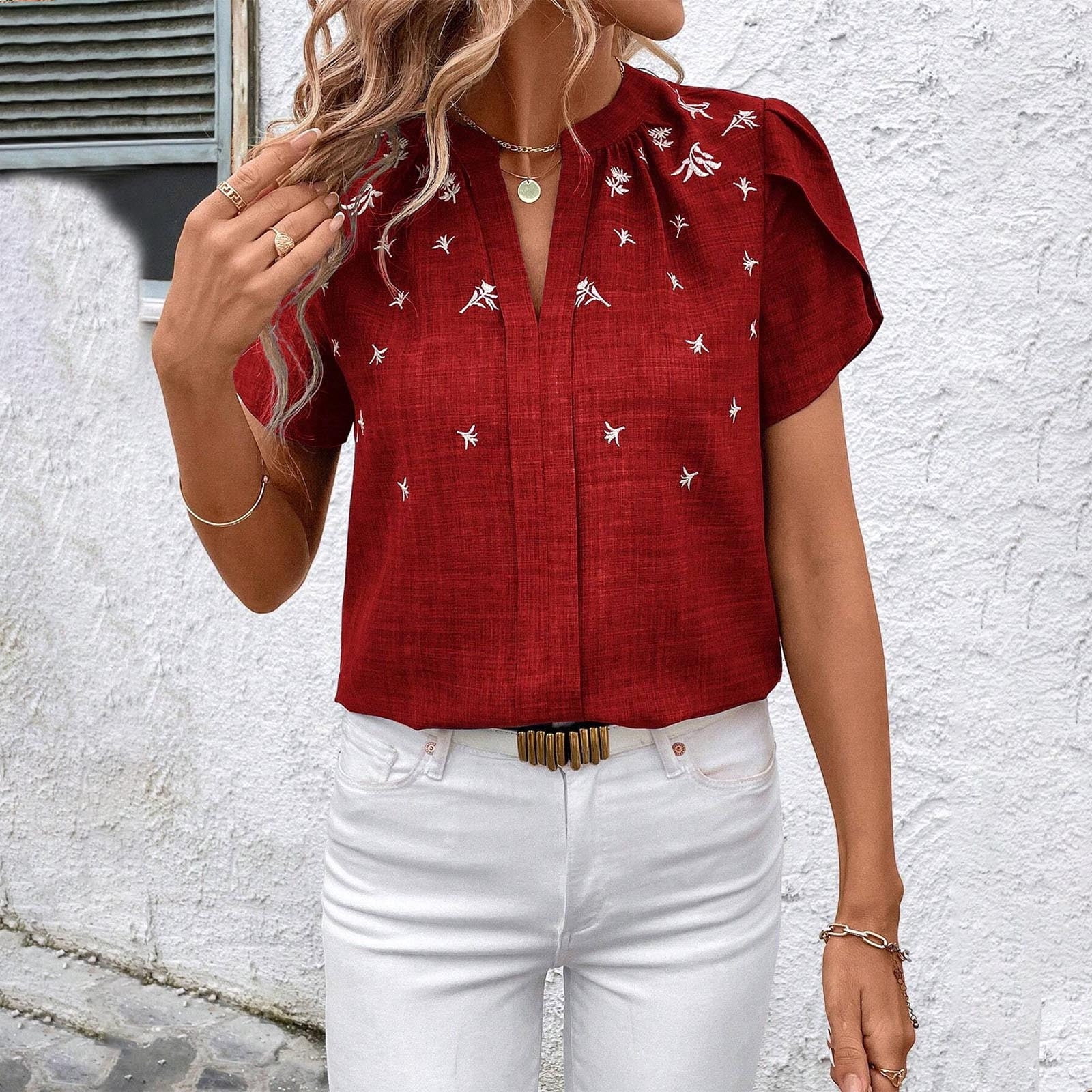 QUNYINEY Floral Spring Tops for Women 2025 Puff Short Sleeve V Neck ...