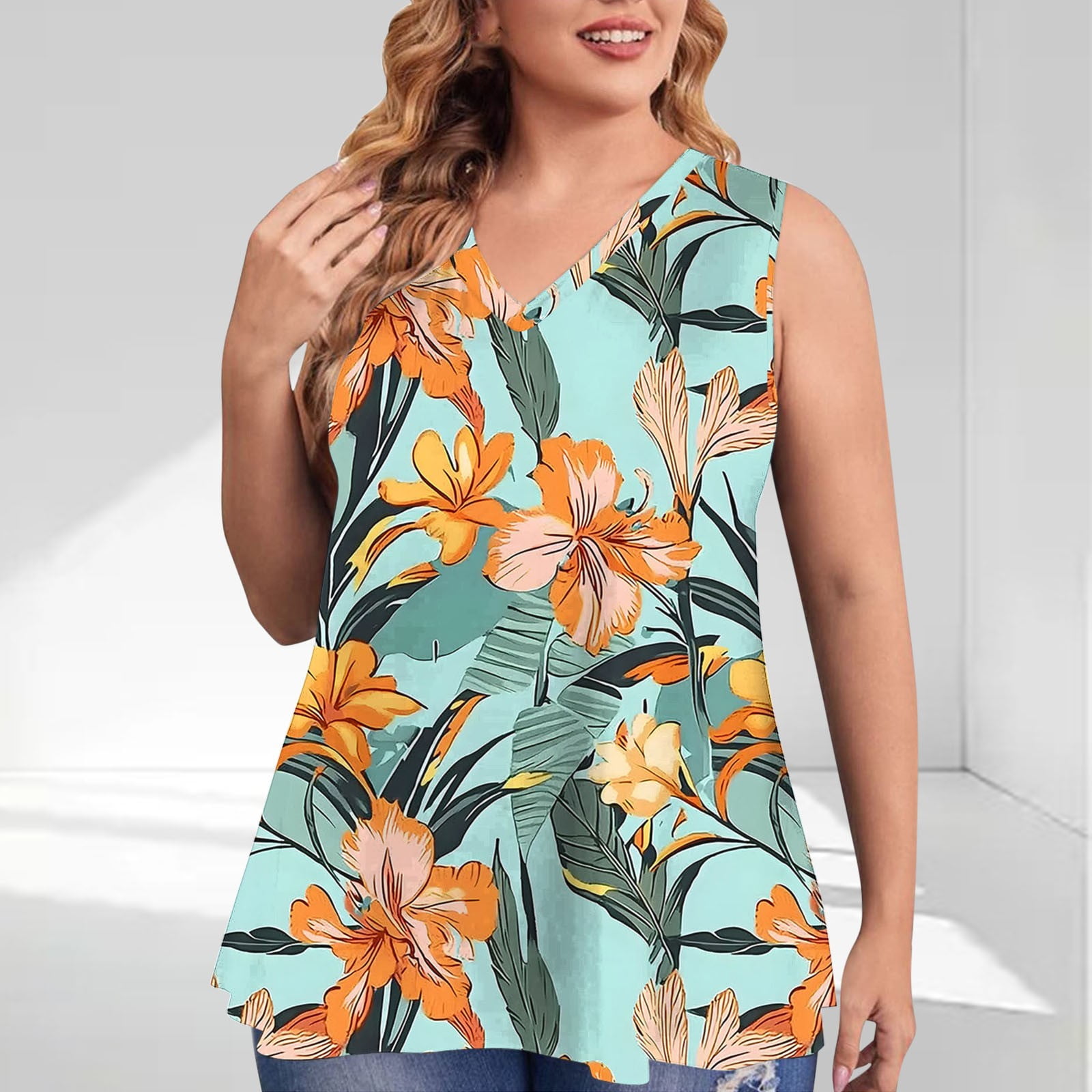 QUNYINEY Floral Tank Tops Women V Neck Camisole Casual Sleeveless Tops ...