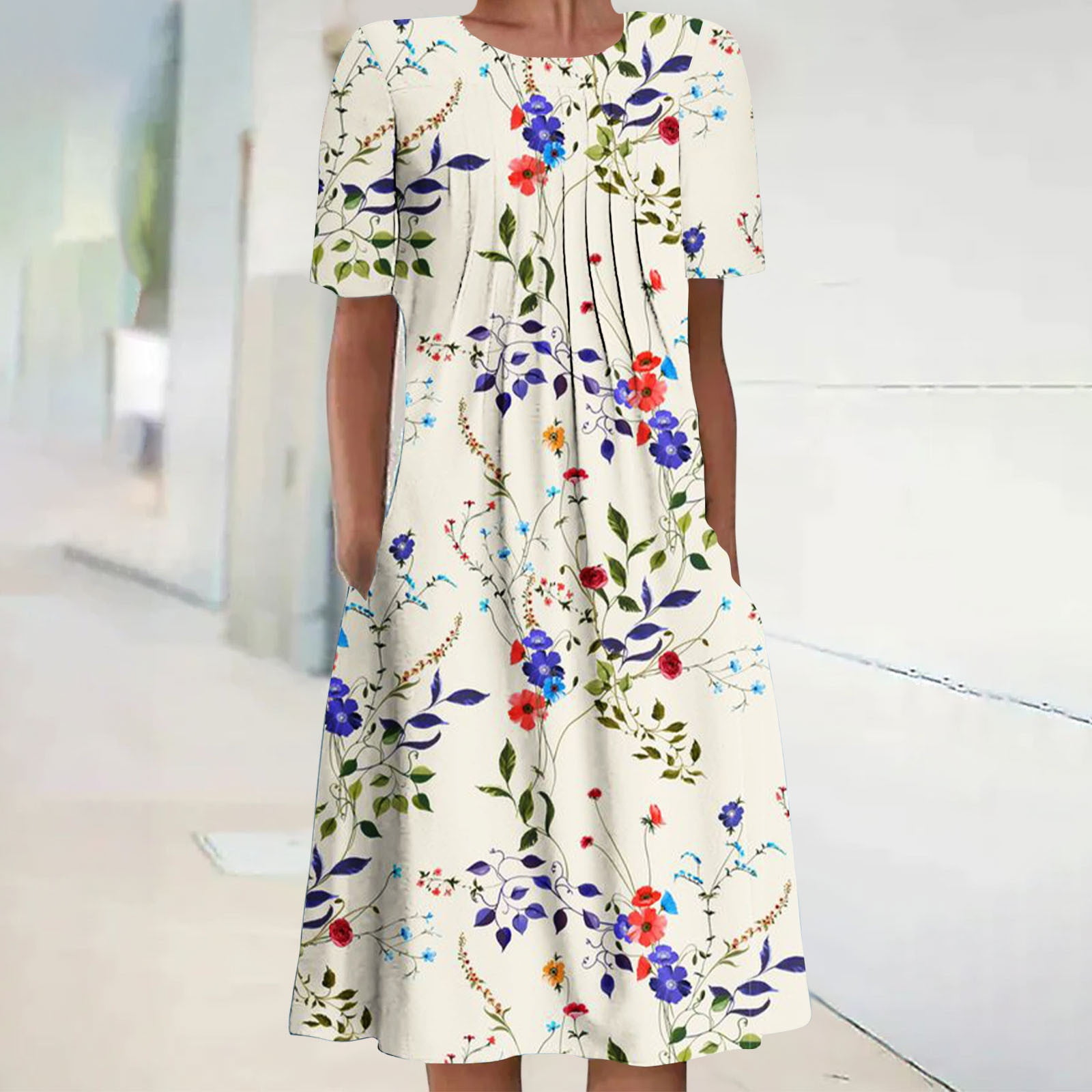 QUNYINEY Floral Womens Spring Dresses Casual Short Sleeve A-Line Dress ...