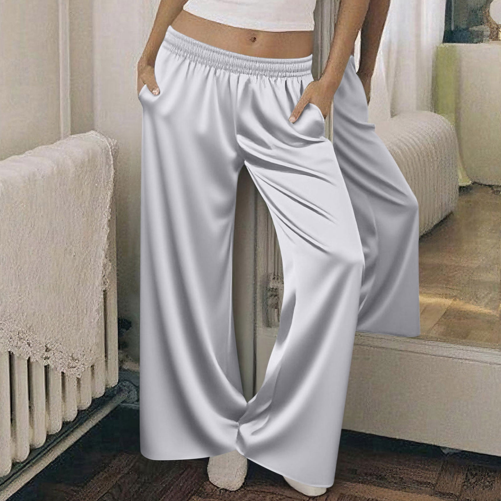 QUNYINEY Gray Pajama Pants for Women Plus Size Pajam Wide Leg Satin ...