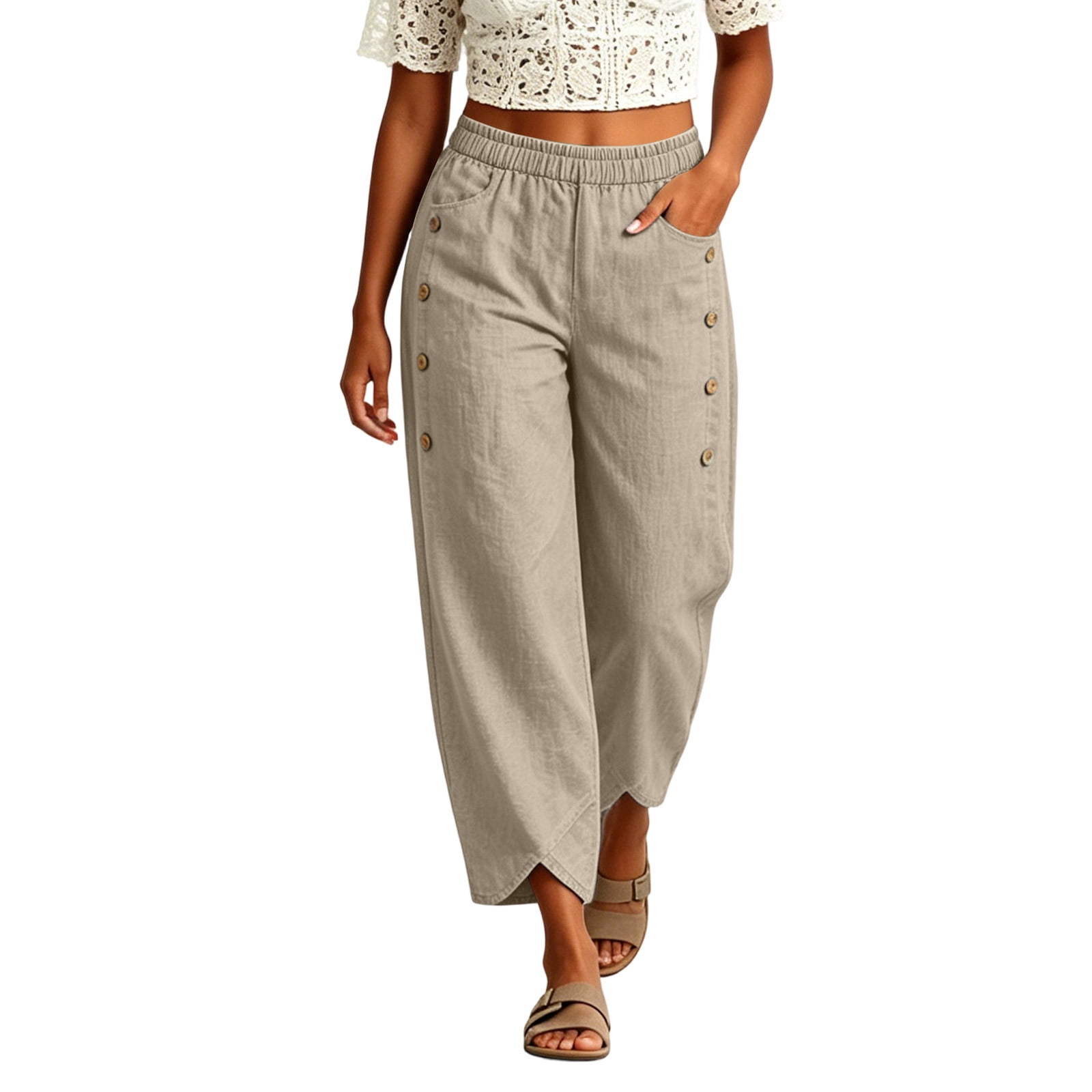 QUNYINEY High Wasited Women's Pants Summer Faux Cotton Linen Button ...