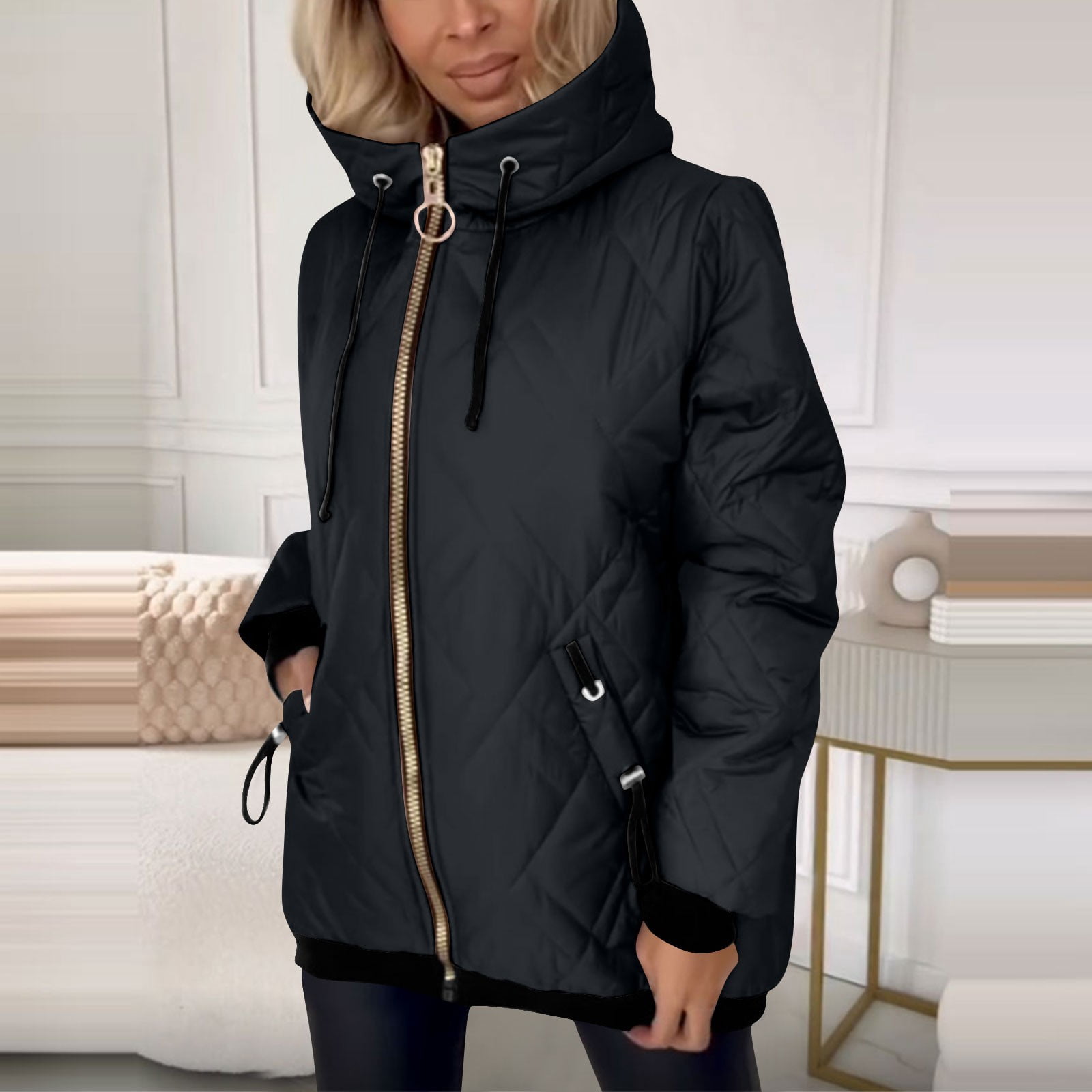 QUNYINEY Hooded Fall Puffer Coats for Women 2025 Quilted Zip Up Black ...