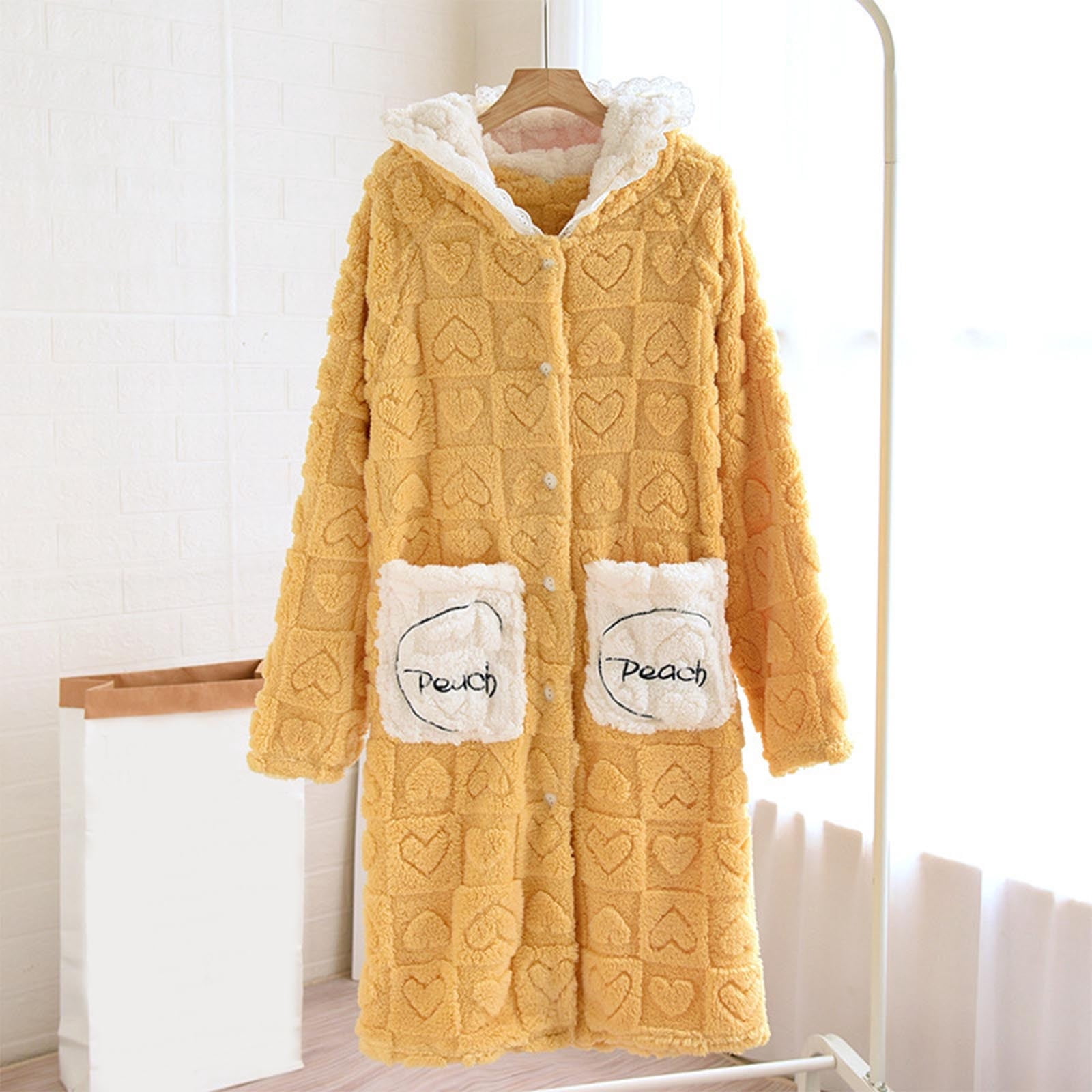 QUNYINEY House Robes for Women Love Heart Long Flannel Cute Housecoat ...