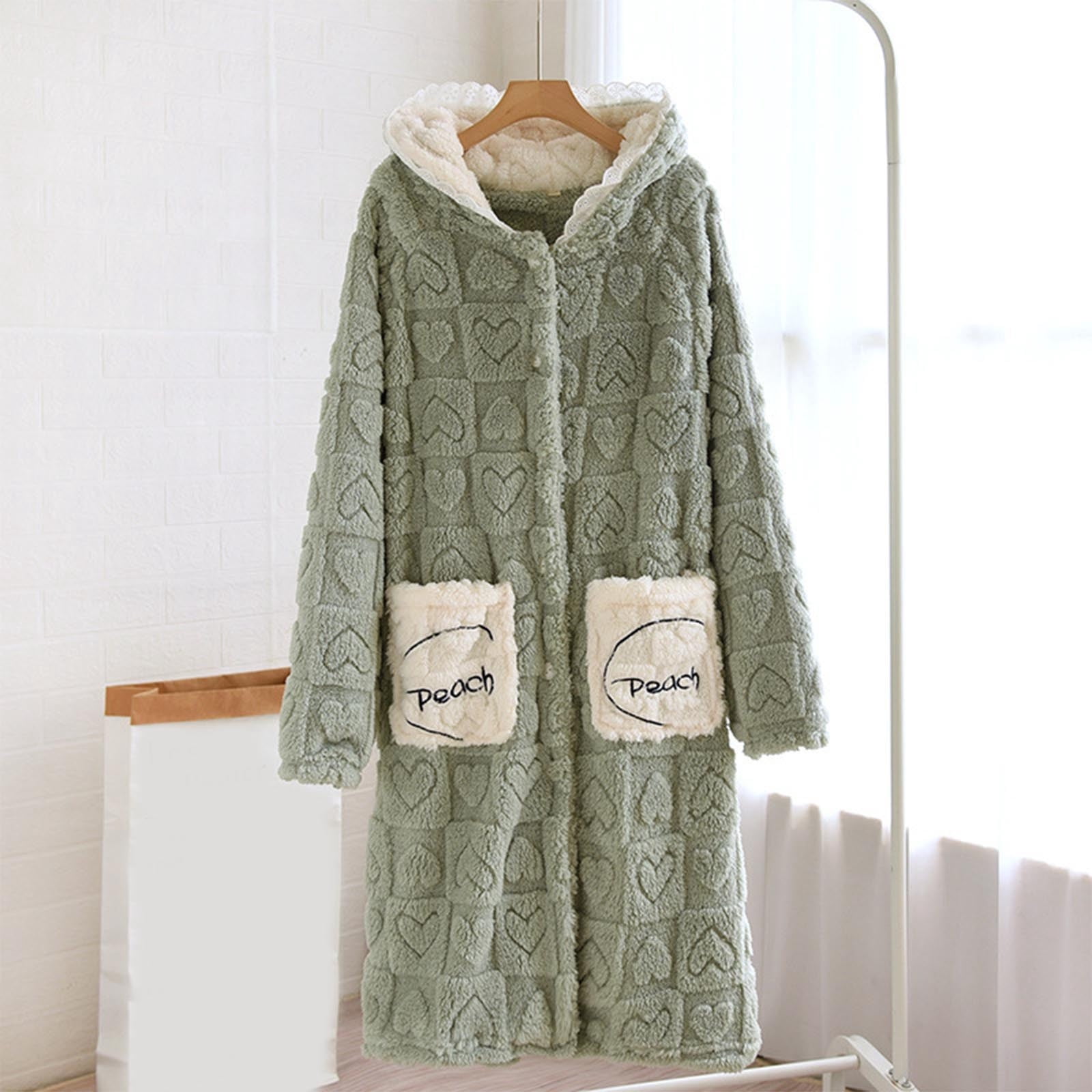QUNYINEY House Robes for Women Cute Love Heart Flannel Long Housecoat ...
