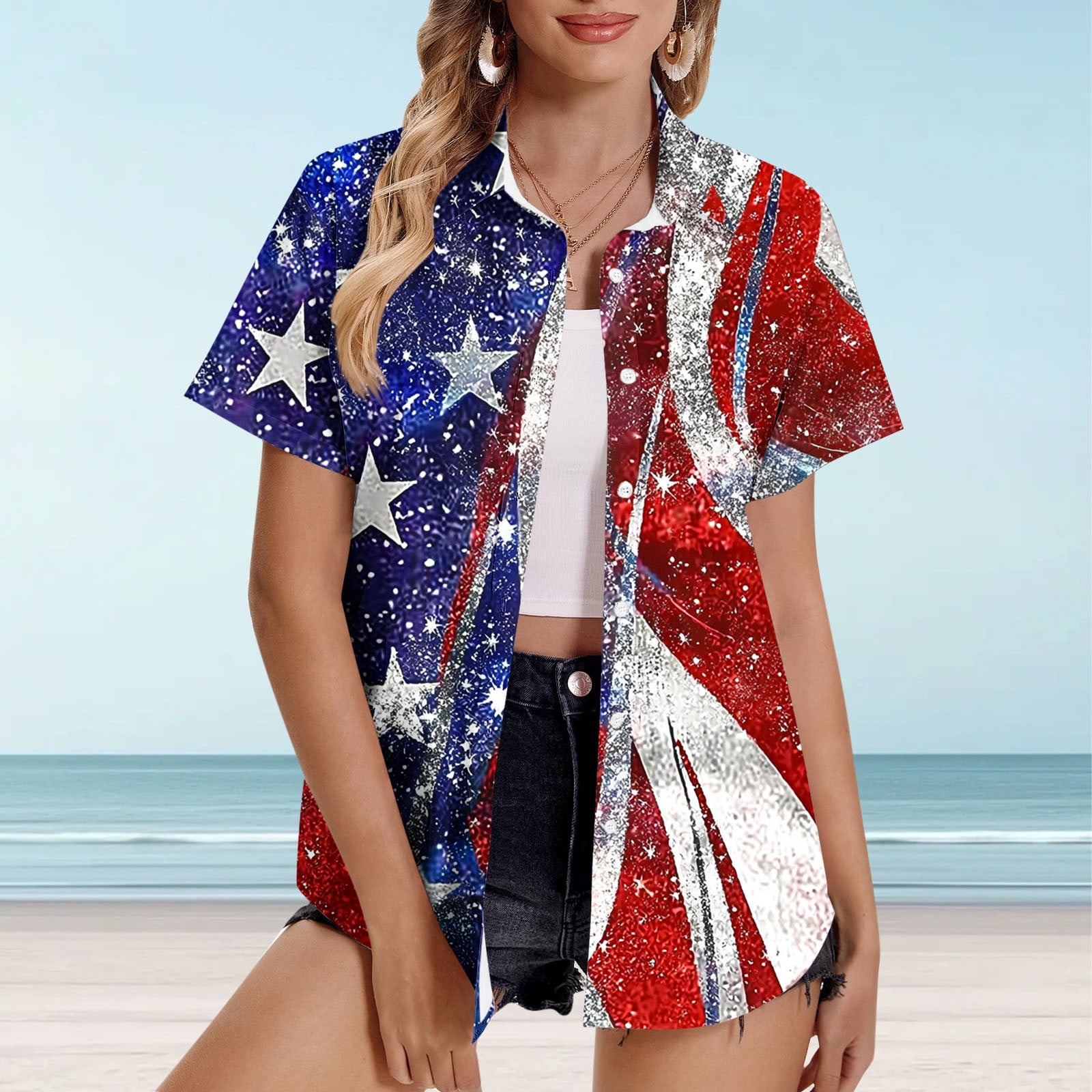QUNYINEY Independence Day Women Button Down Shirts Short Sleeve ...