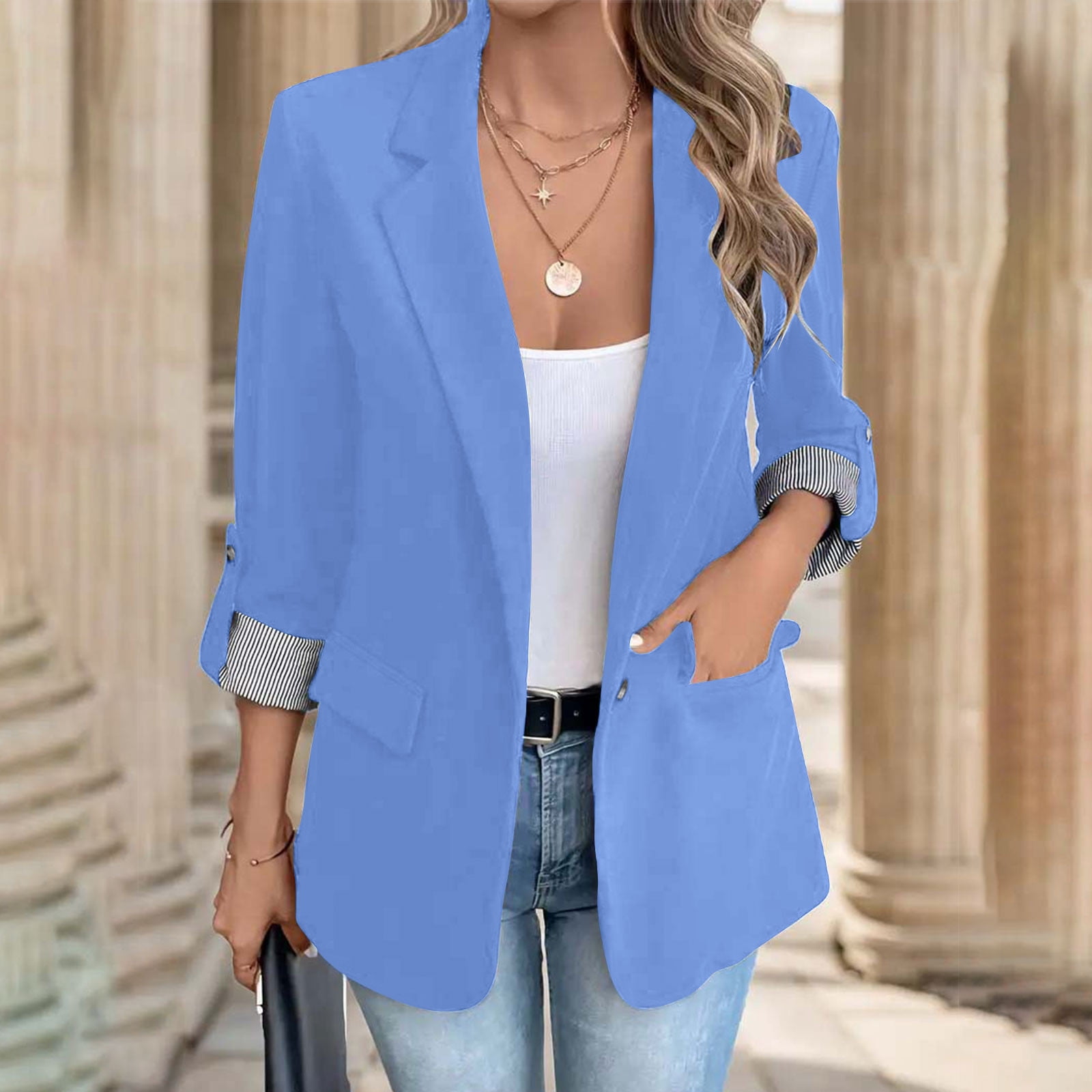 QUNYINEY Jackets for Women Fall Blue Dressy Lightweight Suit Jacket ...
