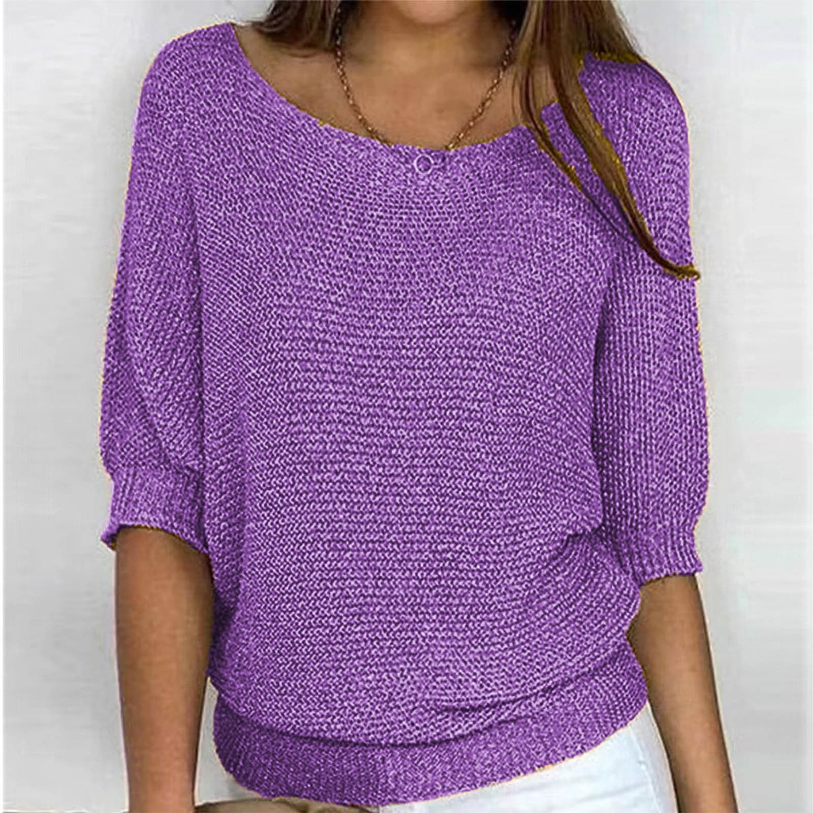 QUNYINEY Knit Fall Sweaters for Women Pullover Purple Crew Neck Solid ...
