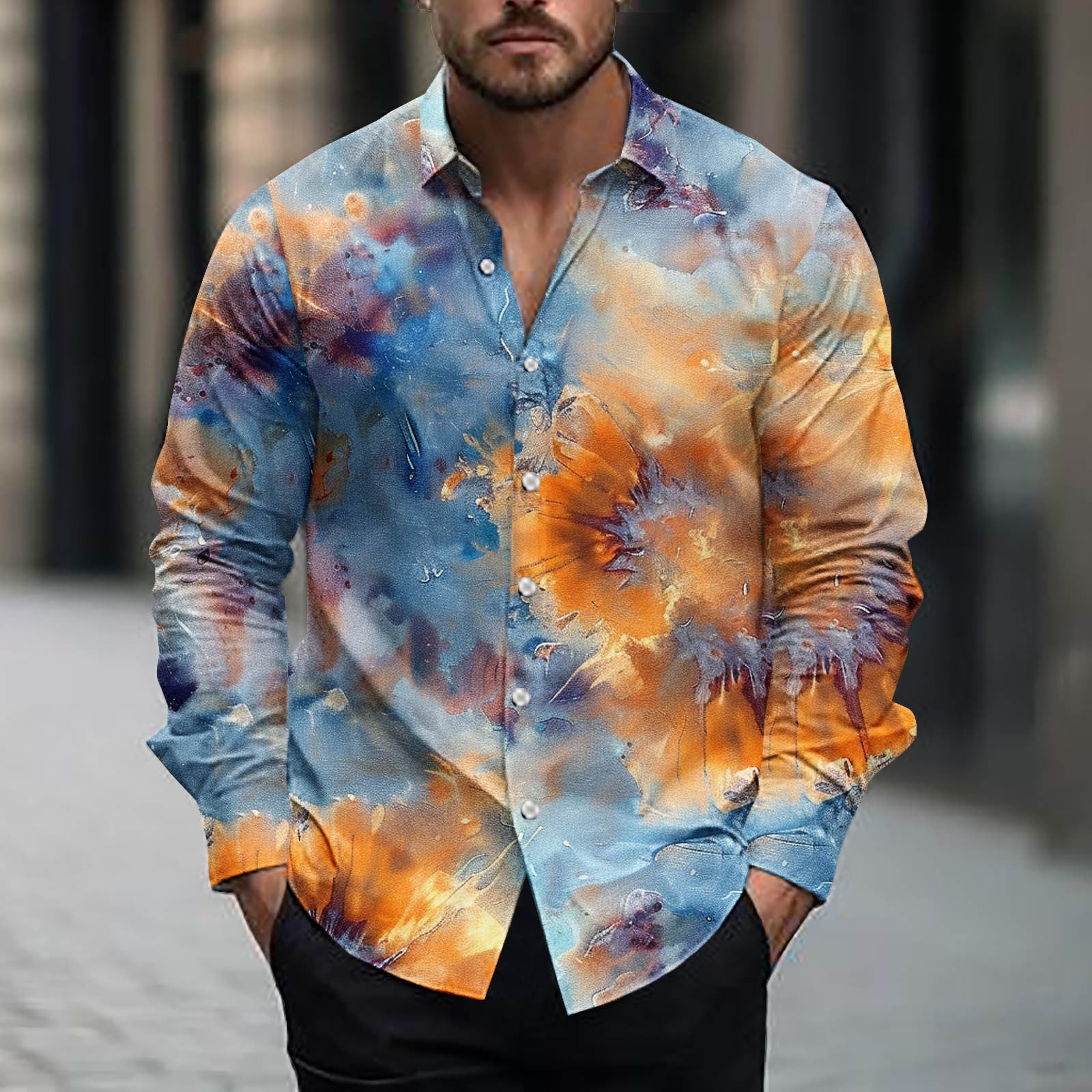 QUNYINEY Long Sleeve Men's Shirts Casual Multicolor Collared Tie Dye ...