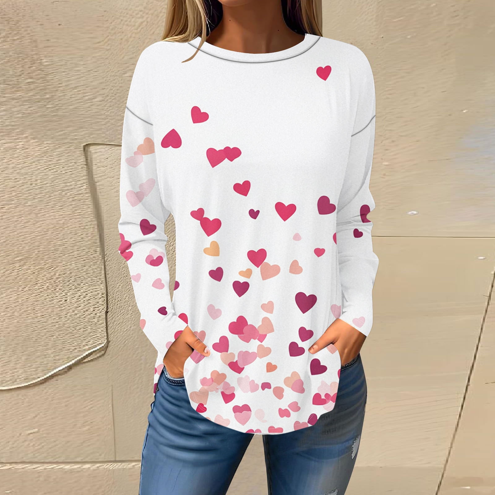 QUNYINEY Long Sleeve Shirts for Women Crew Neck Casual Pink Valentine's ...
