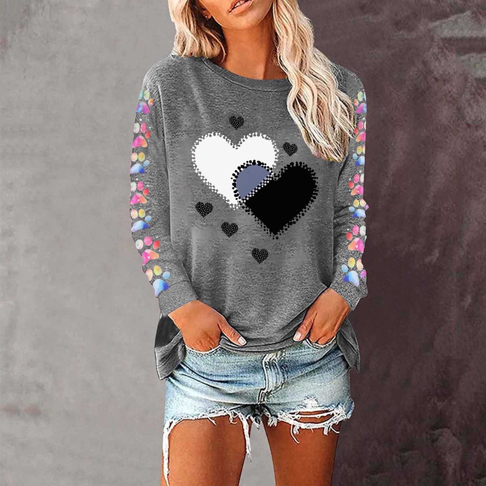 QUNYINEY Long Sleeve Women Shirts Valentine's Day Casual Gray Crew Neck ...