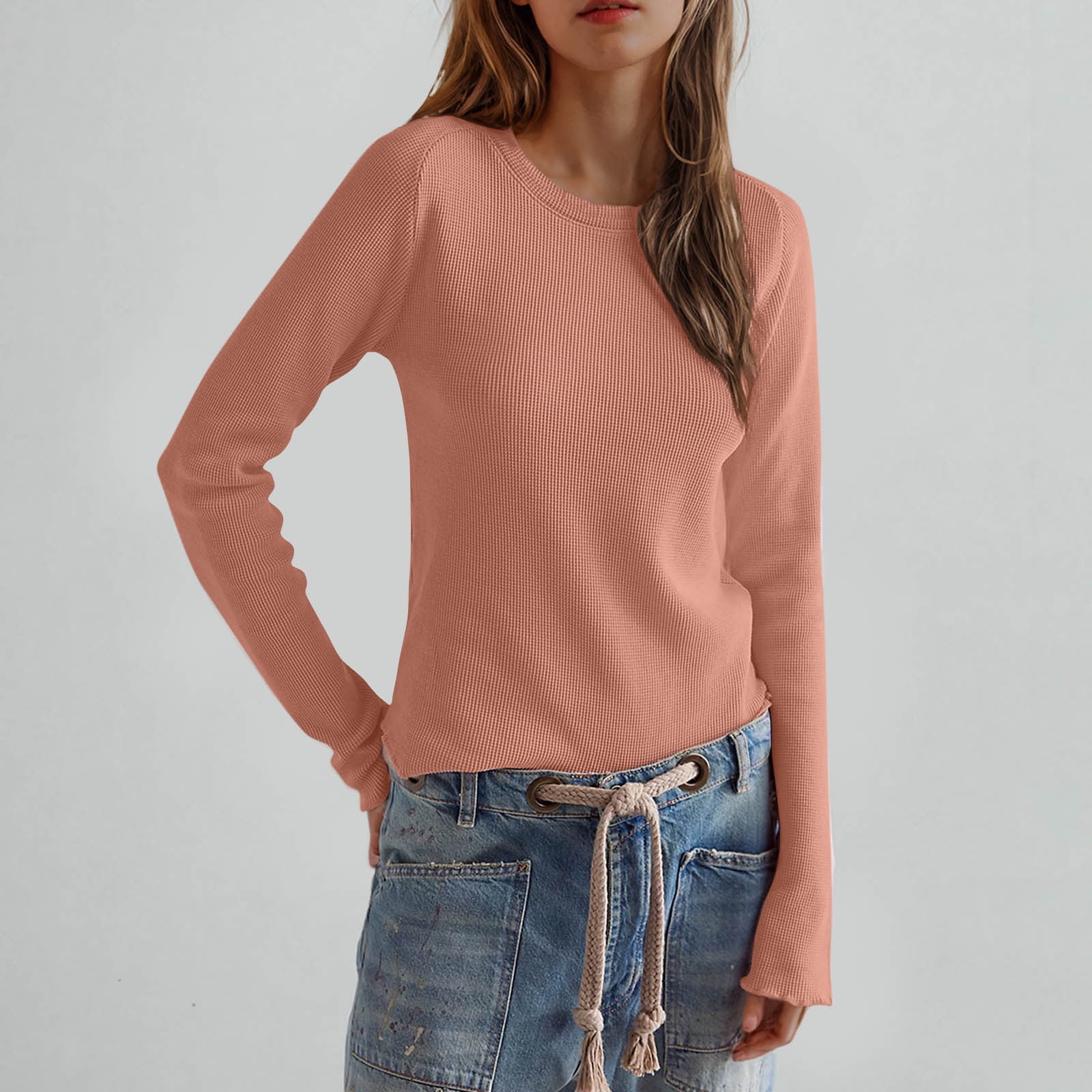 QUNYINEY Long Sleeve Womens Shirts Crew Neck Solid Pink Casual Tops ...