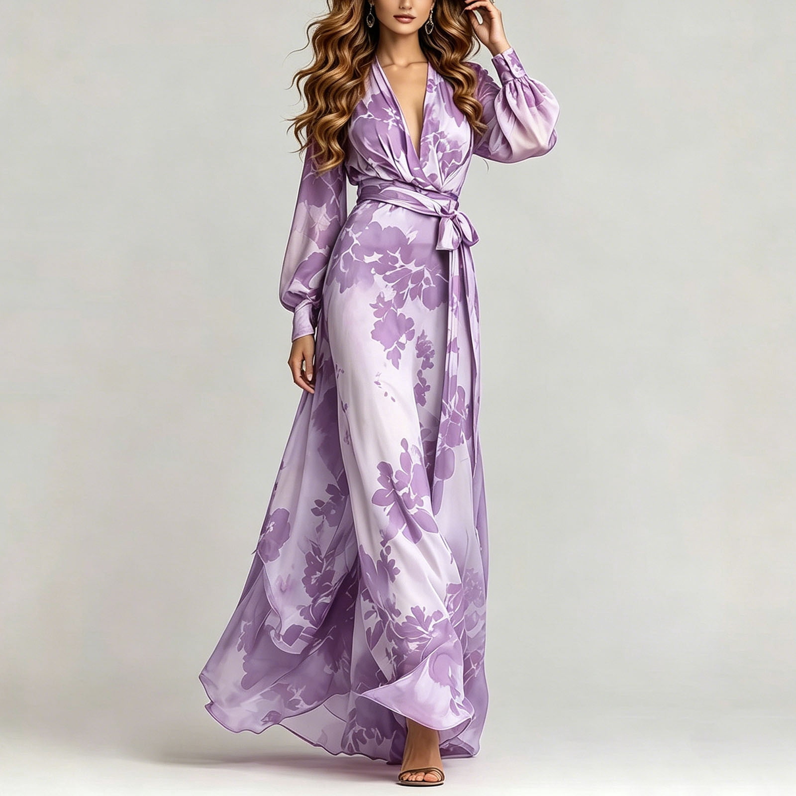 QUNYINEY Long Womens Dresses Casual Chiffon Summer Floral Puff Long ...
