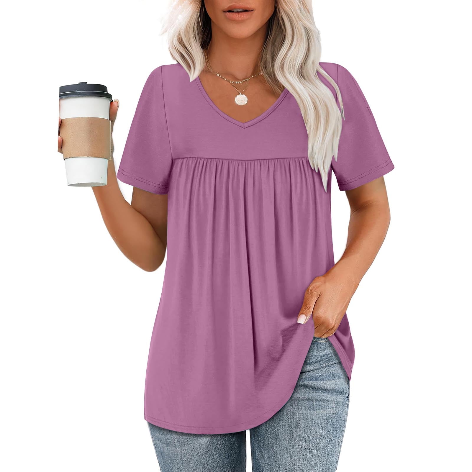 QUNYINEY Peplum Tops for Women Casual V Neck Solid Short Sleeve Shirts ...