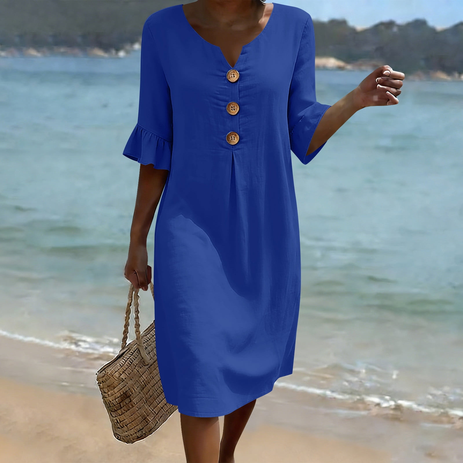 QUNYINEY Puff Short Sleeve Women Dresses Summer Blue Midi A Line ...