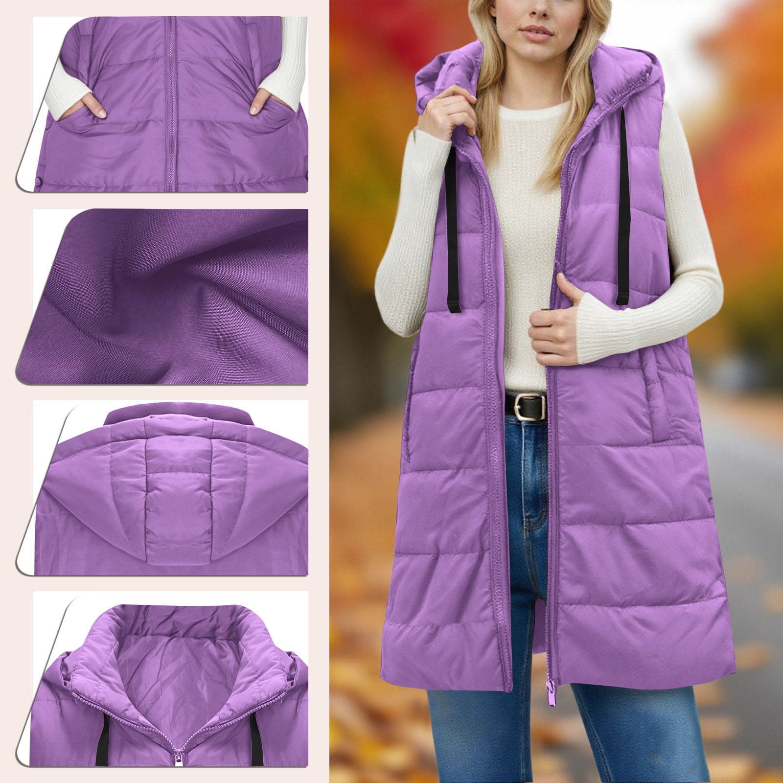 QUNYINEY Puffer Vests for Women Zip Up Long Purple Outerwear Sleeveless ...