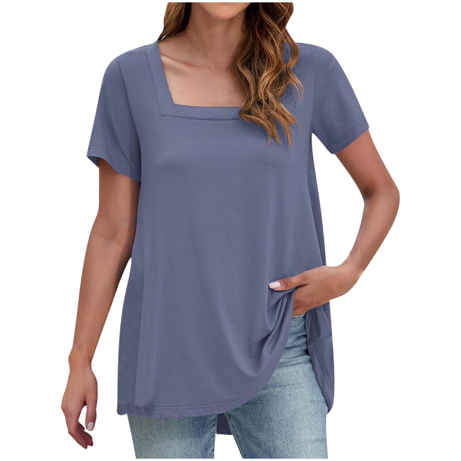 QUNYINEY Pullover Womens Tops Trendy Casual Solid Short Sleeve Square ...