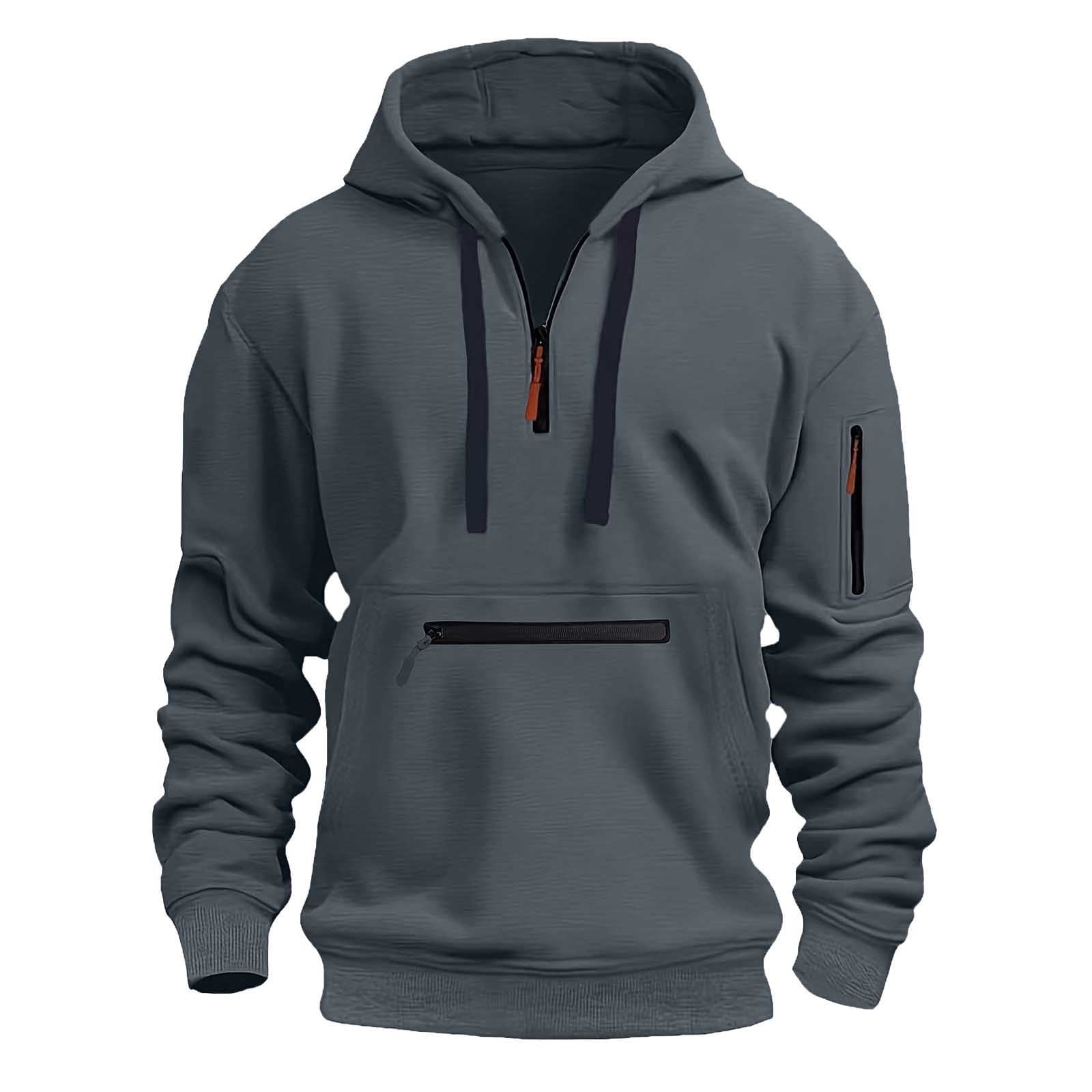 QUNYINEY Quarter Zip Men Hoodies Pullover Solid Gray Hooded Sweatshirt ...
