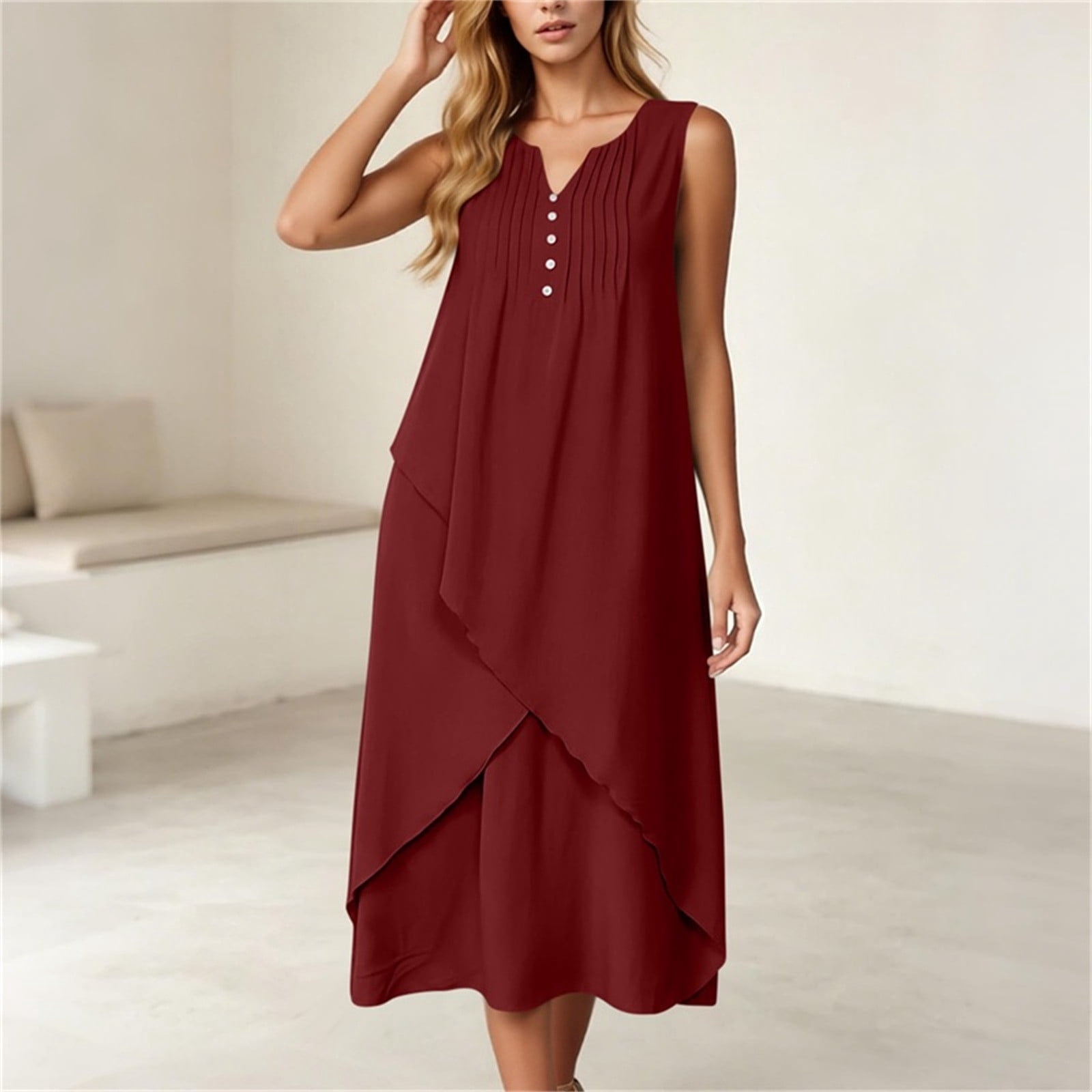 QUNYINEY Red Womens Dresses Summer Midi A Line Sleeveless Sundress ...