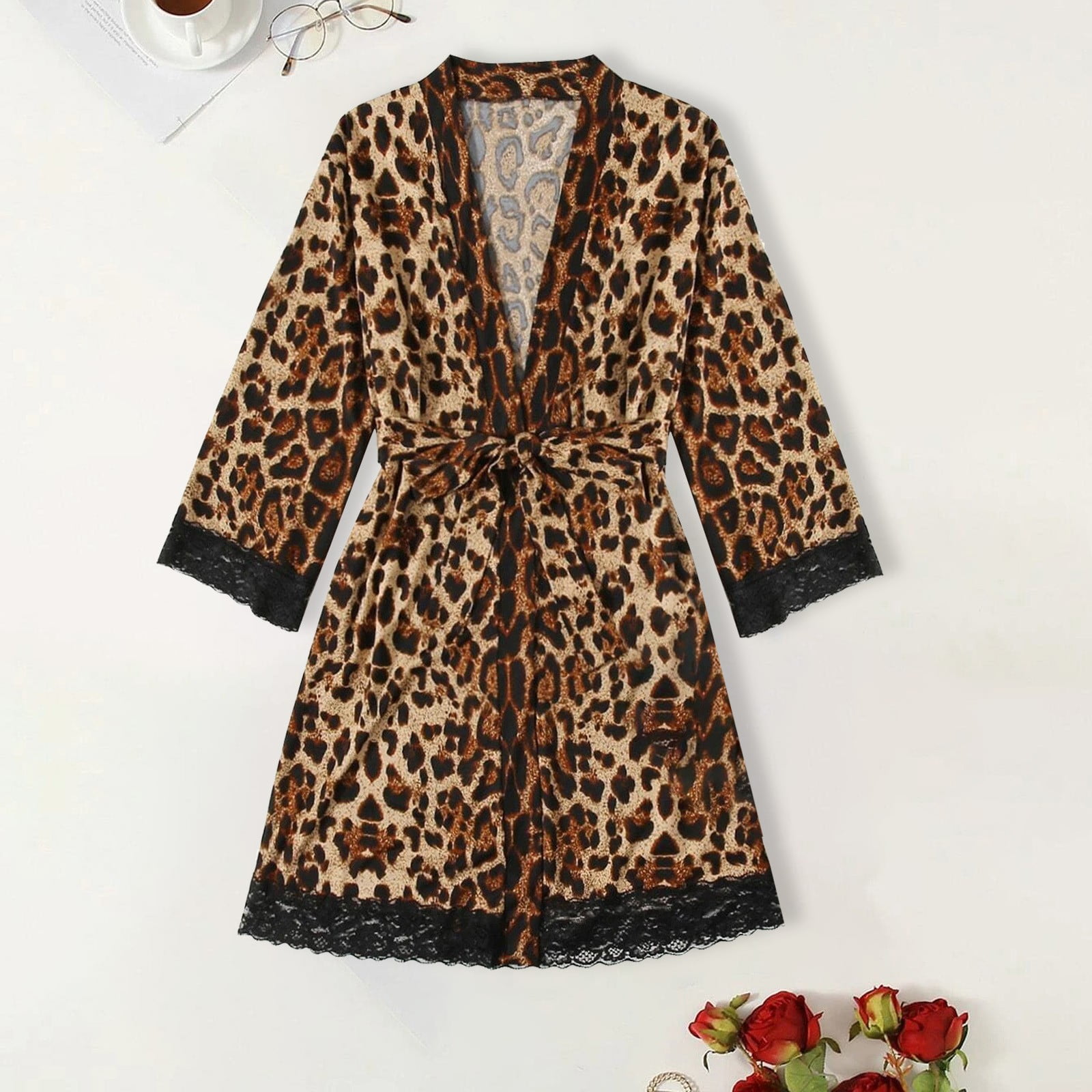 QUNYINEY Satin Robes for Women Kimono Leopard Print Brown Short ...