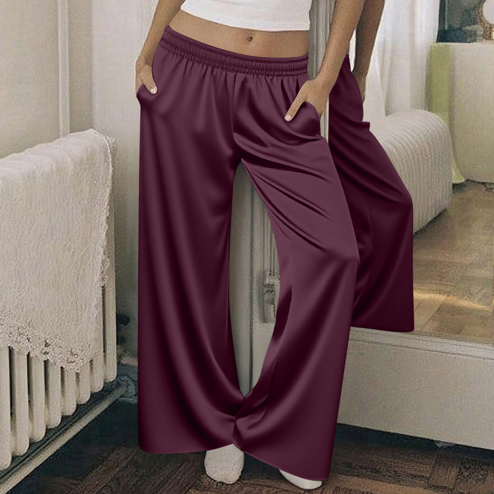 QUNYINEY Satin Womens Pajama Pants Pajam Wine Casual Wide Leg Trousers ...