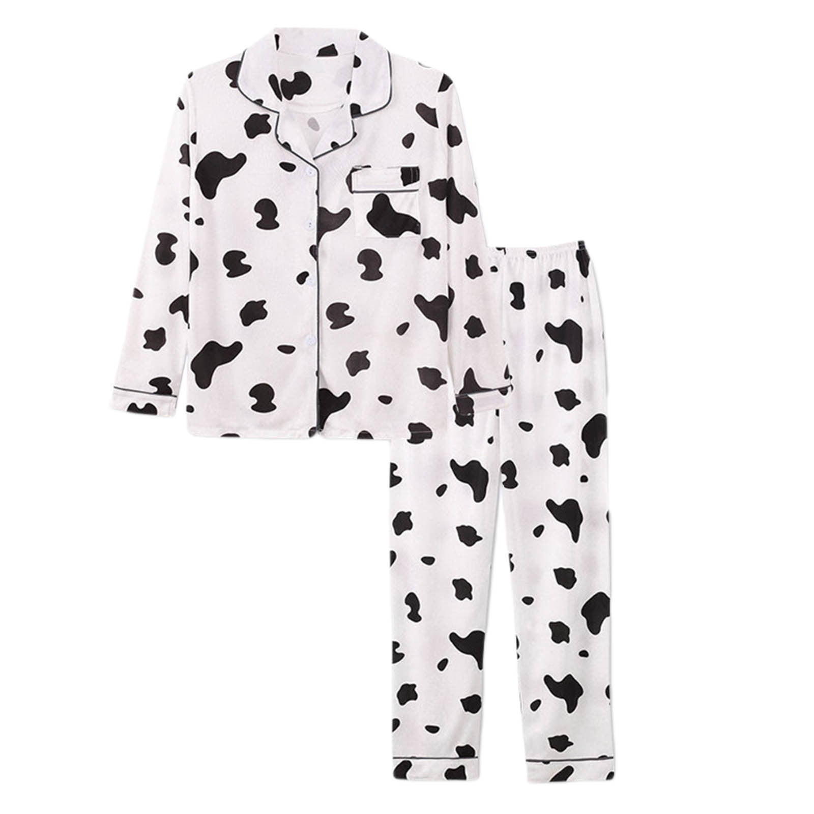 QUNYINEY Soft Ladies Pajamas Sets 2 Piece Button Down White Cow Print ...