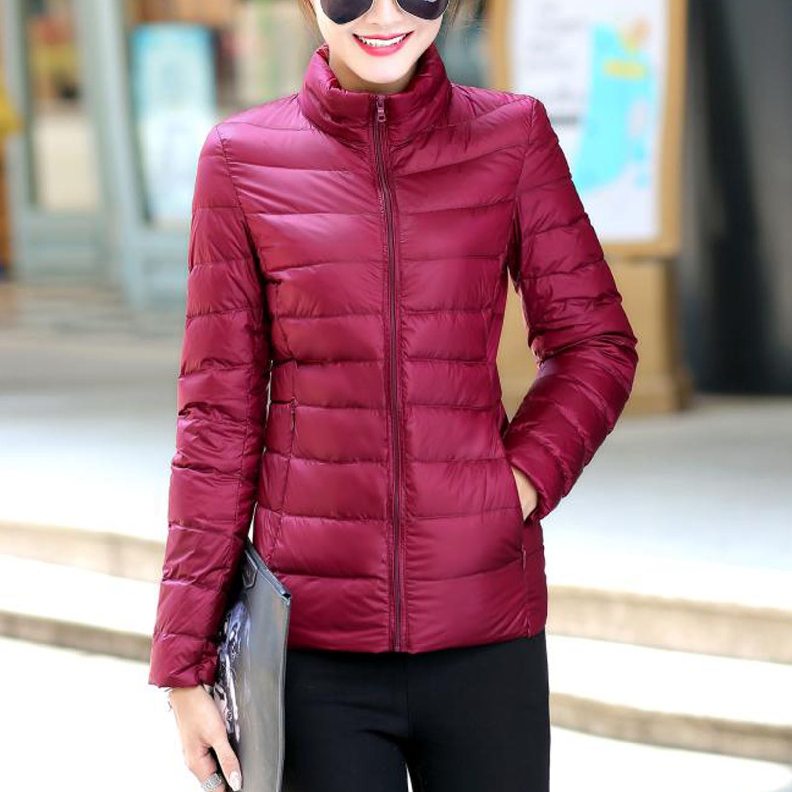 QUNYINEY Solid Jacket for Women Puffer Casual Red Zip Up Lightweight ...