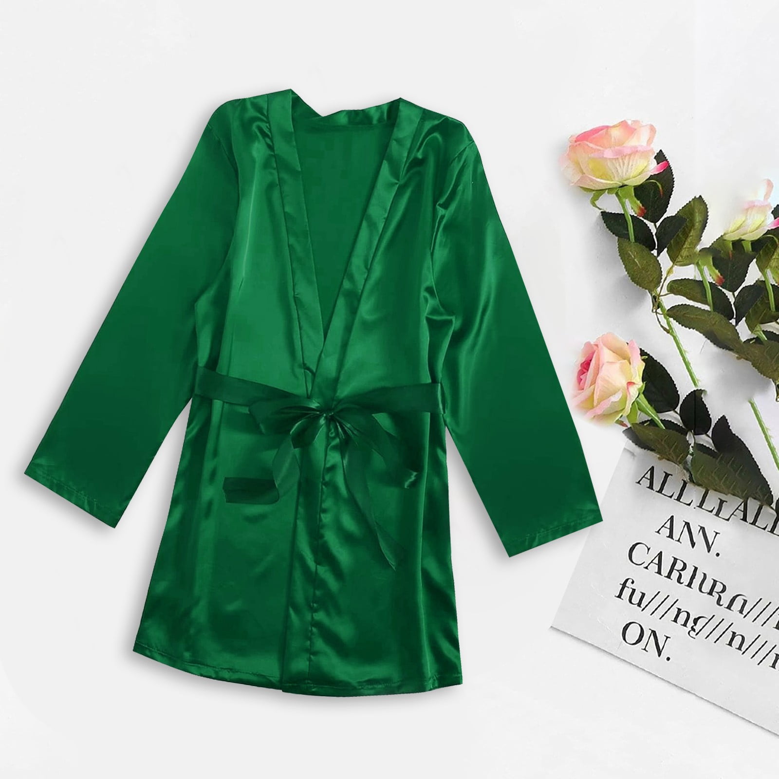 QUNYINEY Solid Robe Women Kimono Green Satin Short Bathrobe Long Sleeve ...