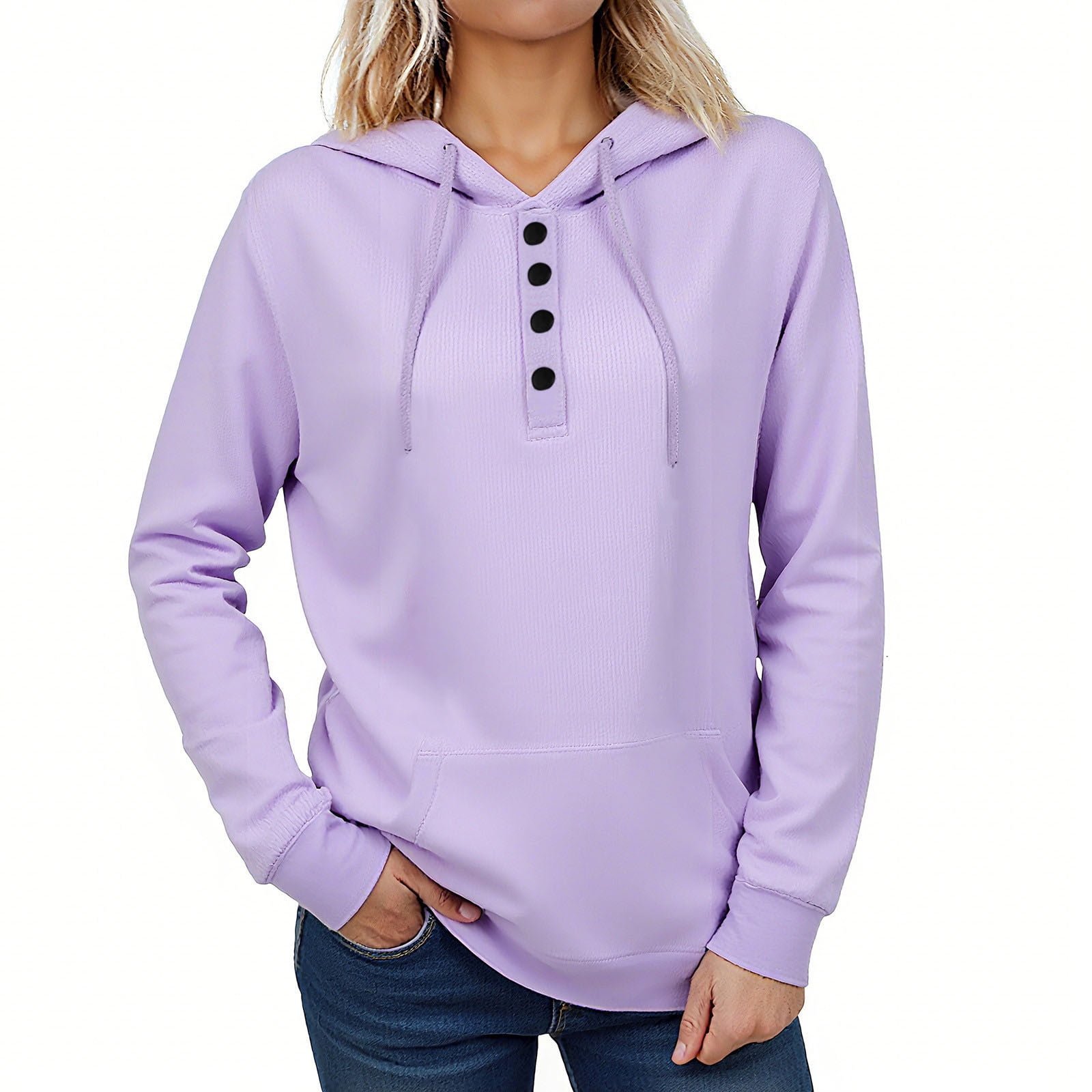 QUNYINEY Solid Sweatshirt Women Ribbed Long Sleeve Hooded Shirts Casual Loose Fit Pullover ...