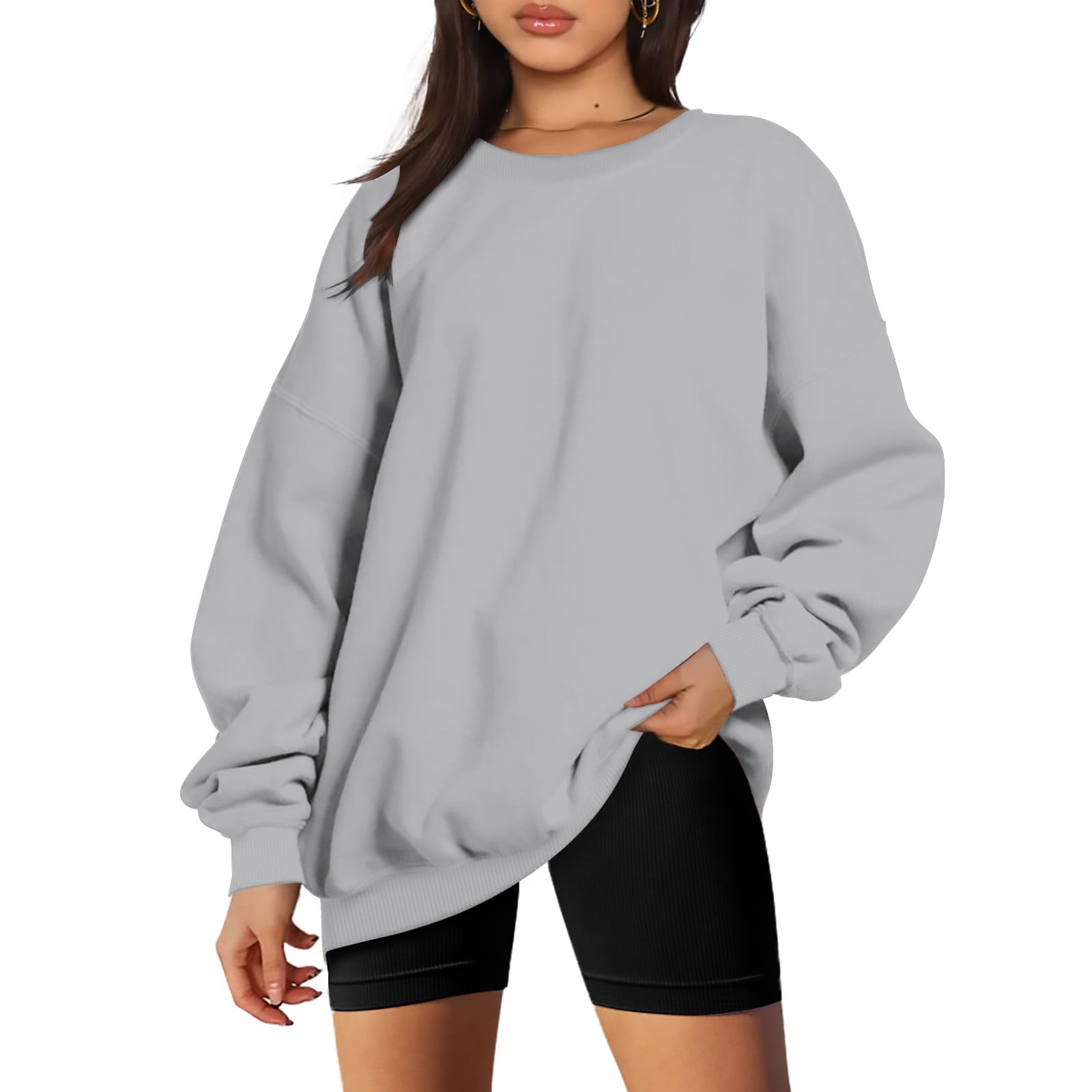 QUNYINEY Solid Sweatshirt for Women Crew Neck Long Sleeve Casual Gray ...