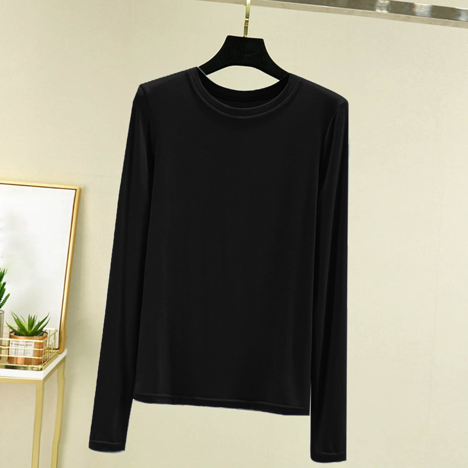 QUNYINEY Solid Tshirts Shirts for Women Long Sleeve Black Crew Neck ...