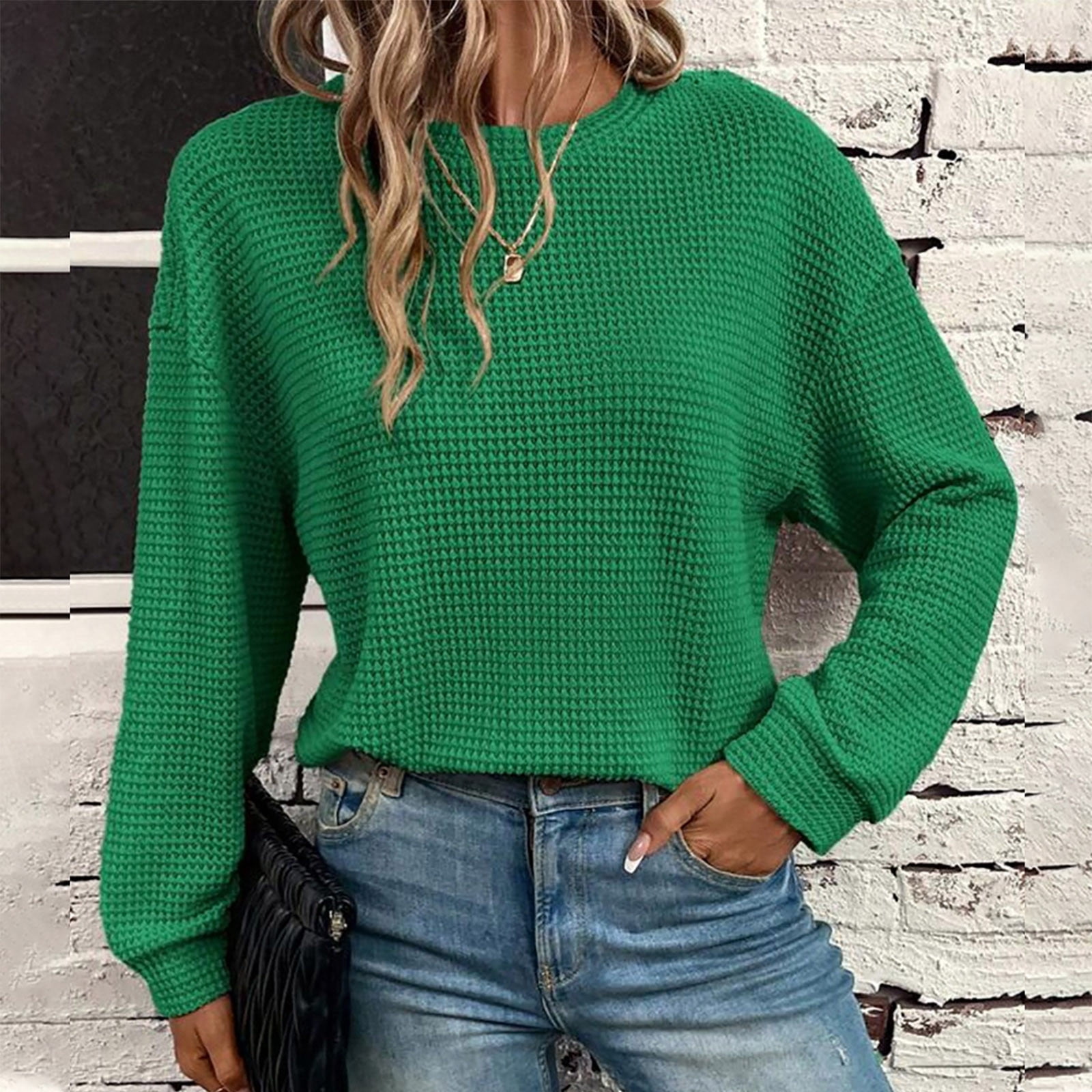 QUNYINEY Solid Women Shirts Long Sleeve Crew Neck Casual Green Tops ...