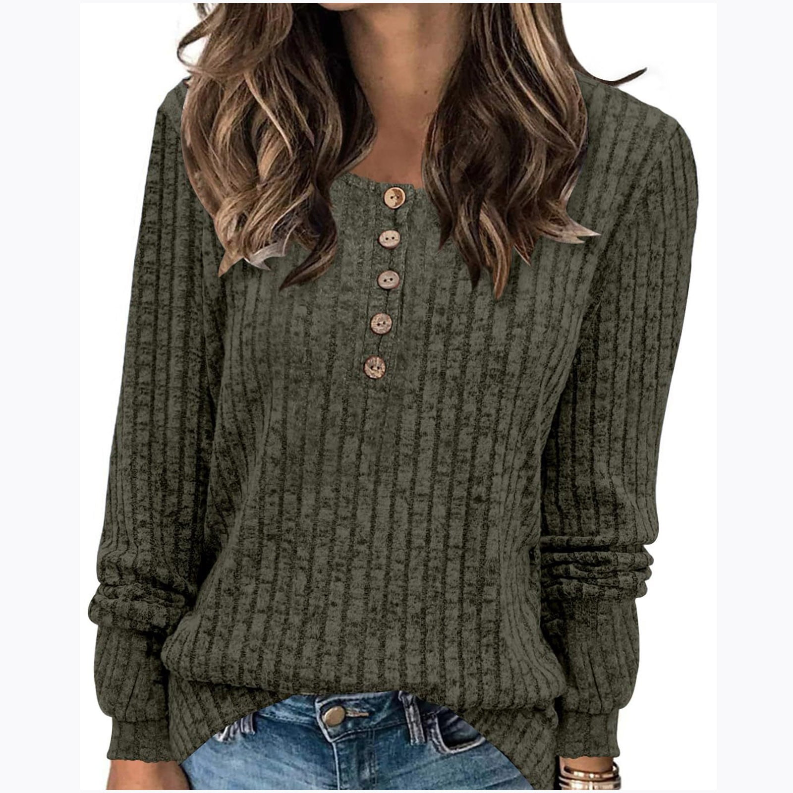 QUNYINEY Solid Women's Sweater Ribbed Knit Henley Pullover Green Tops ...