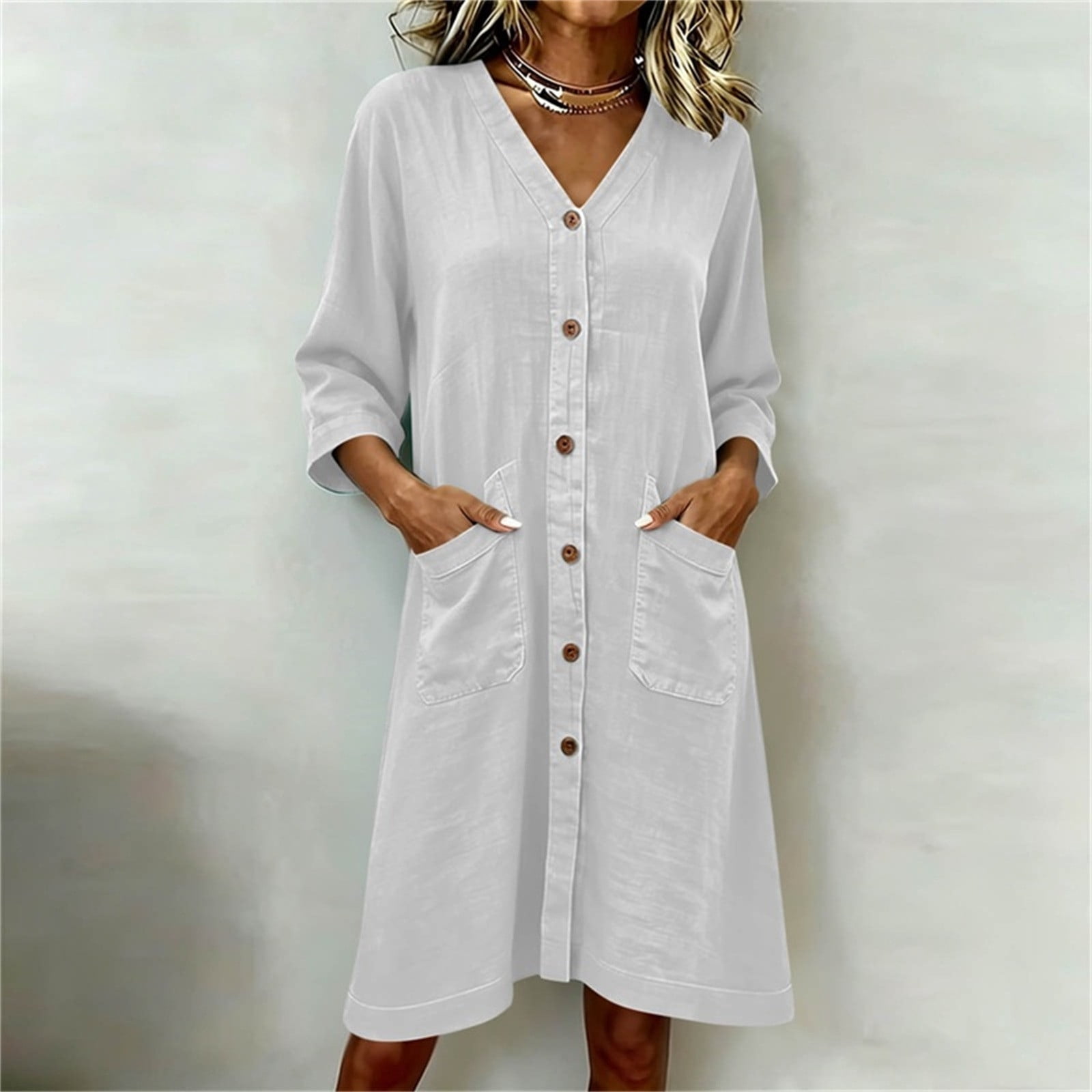 QUNYINEY White Summer Dresses for Women 2026 Cotton Linen Midi 3/4 ...