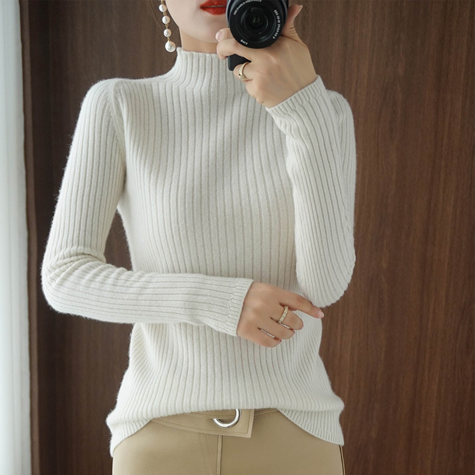 QUNYINEY White Sweater Women Solid Ribbed Knit Mock Neck Pullover Tops ...
