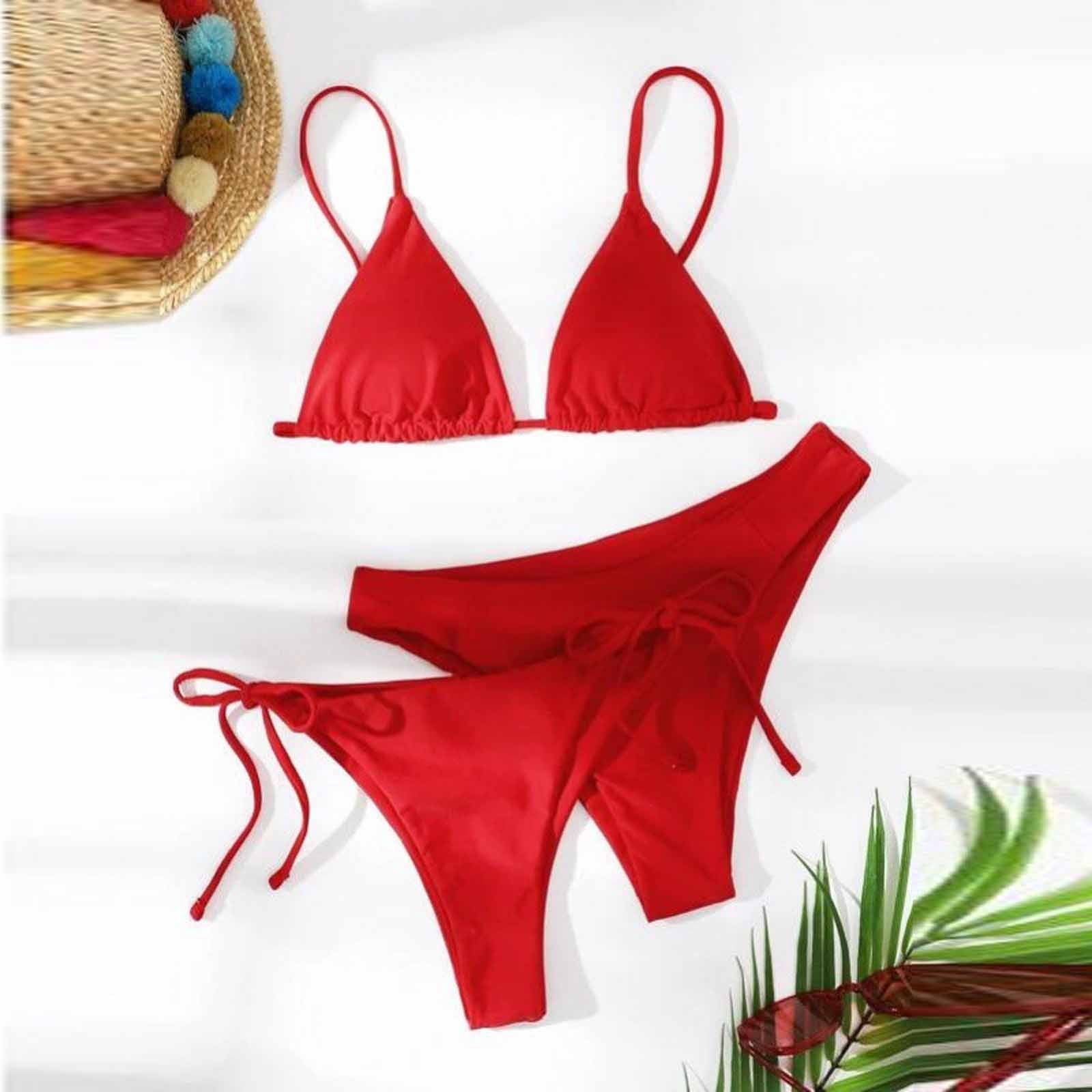QUNYINEY Women Bikini Set 3 Piece Thong High Cut Red Bathing Suits Tie ...