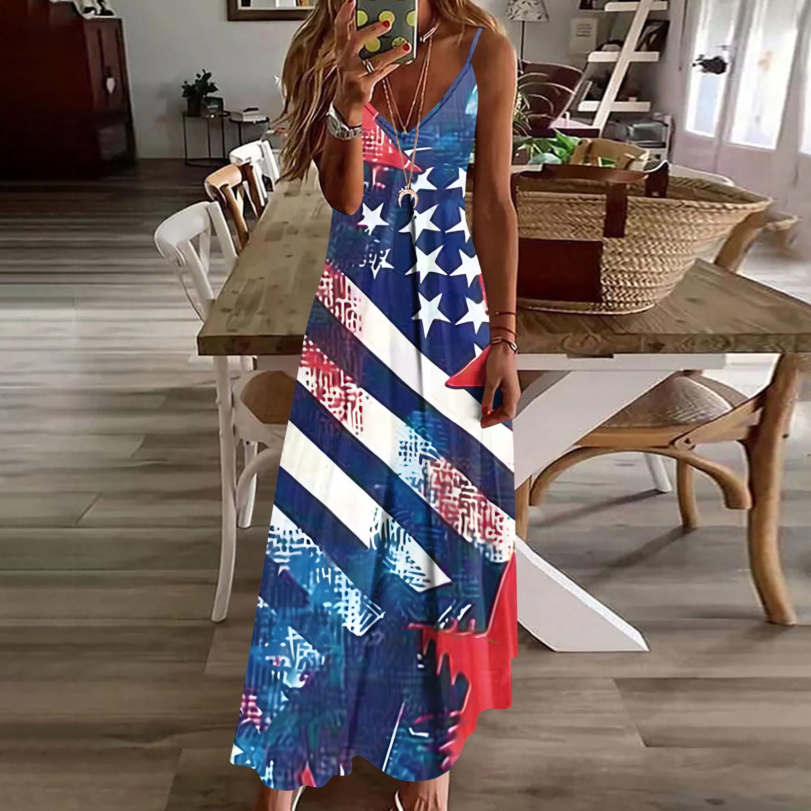 QUNYINEY Women Dresses Summer Sleeveless A Line Independence Day Long ...