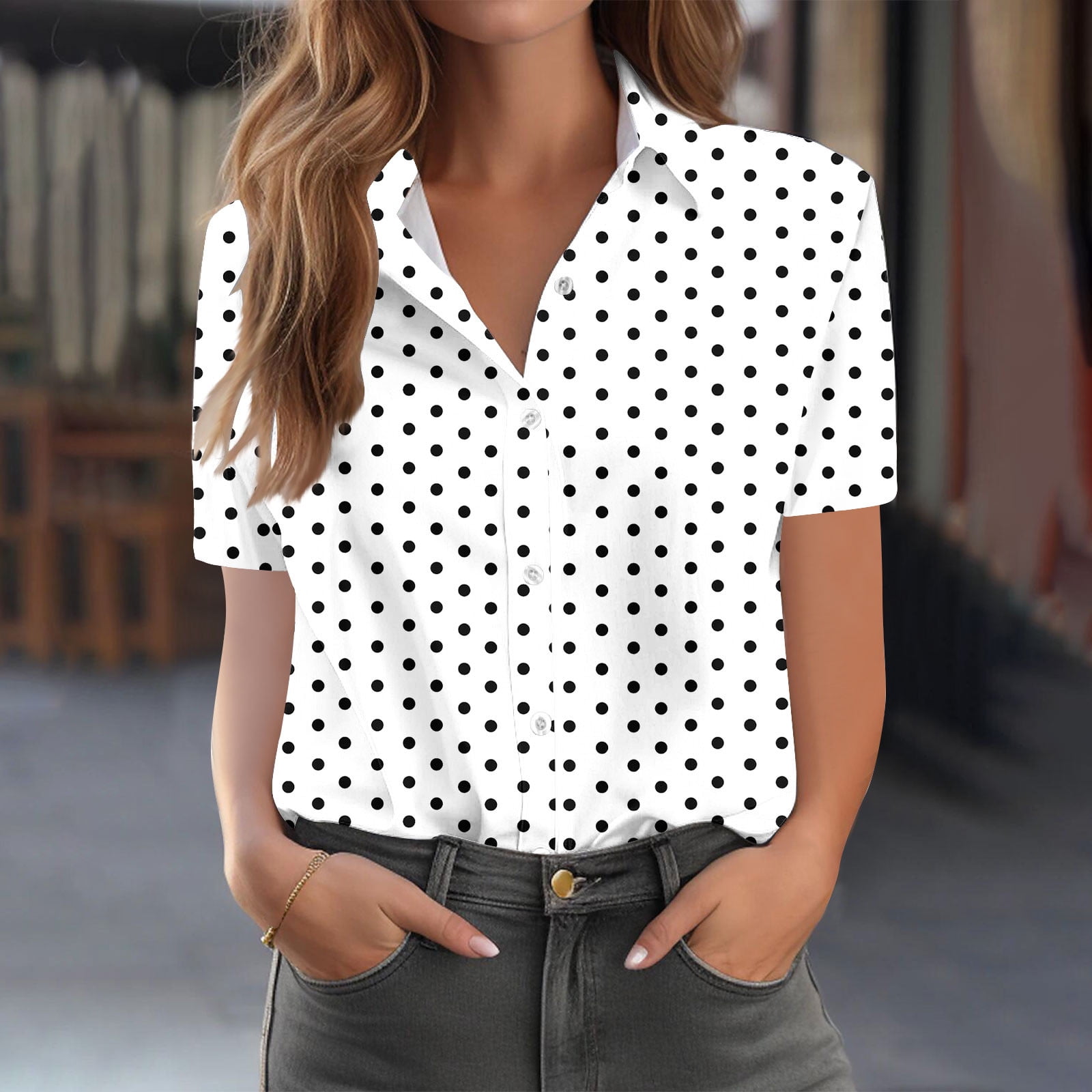 QUNYINEY Women's Button Down Shirts Collared Short Sleeve Casual Polka ...
