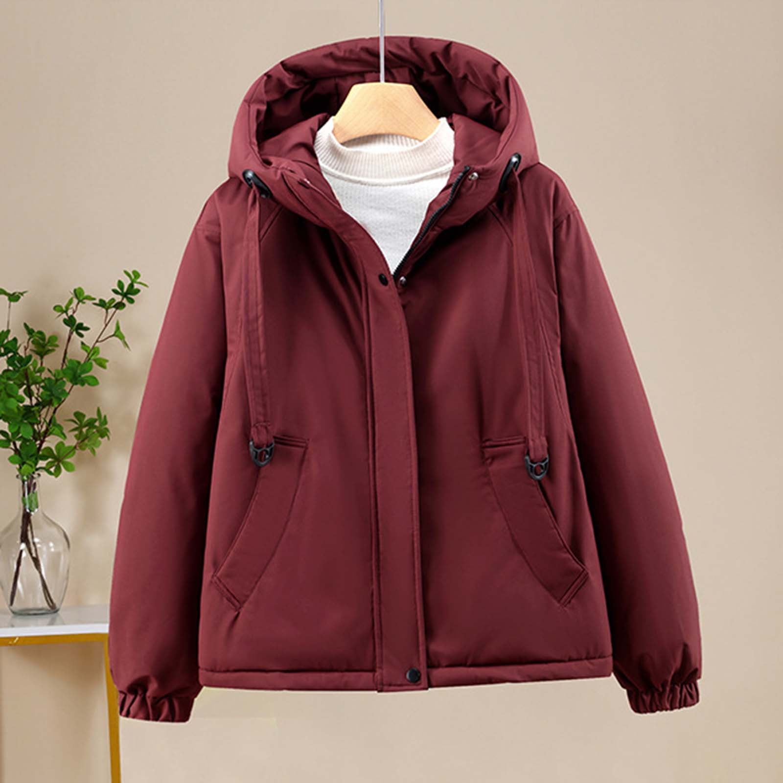 QUNYINEY Women's Fall Puffer Jackets Red Hooded Zip Up Windbreaker Long ...