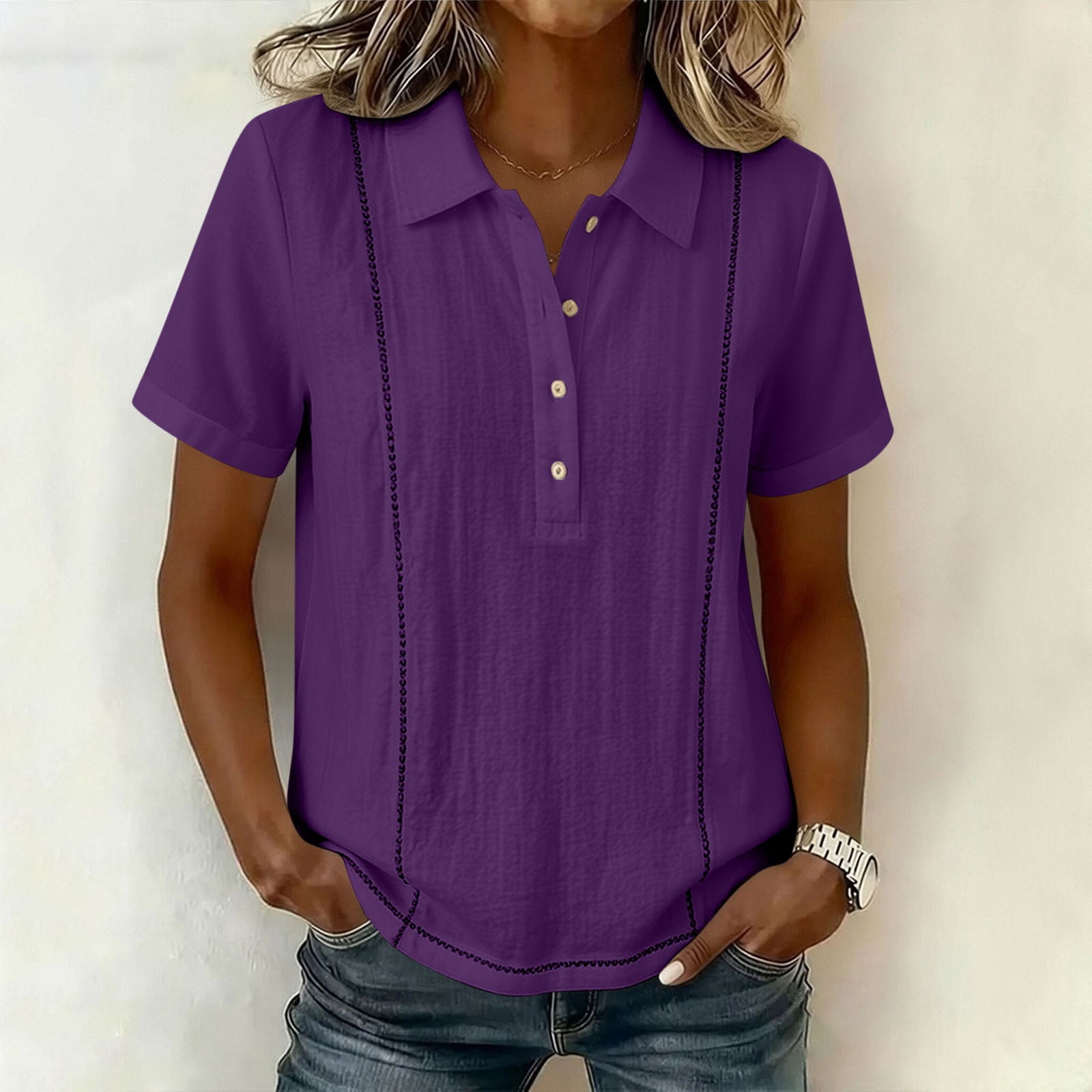 QUNYINEY Women's Summer Blouses Purple Work Short Sleeve Shirt Pullover ...