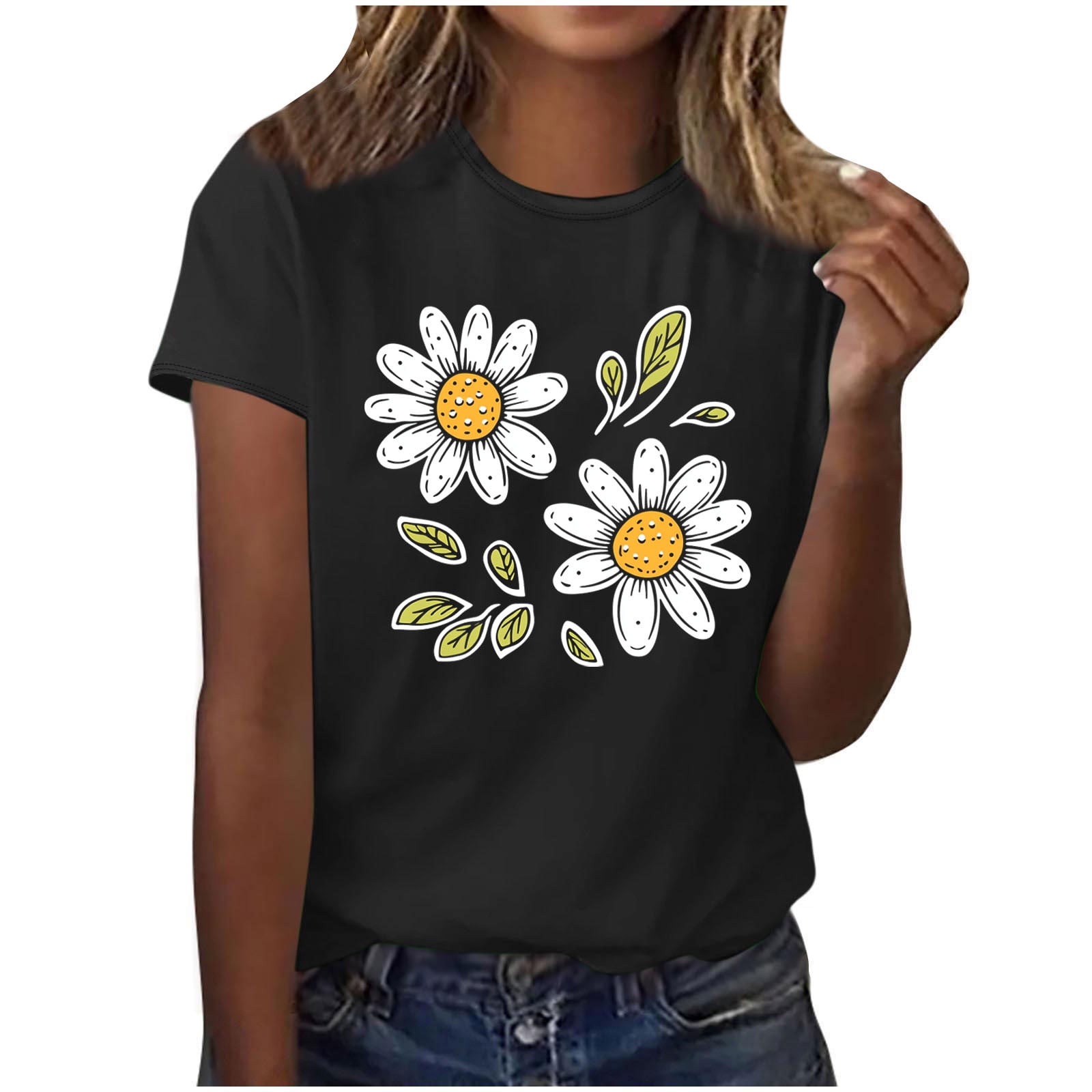 QUNYINEY Women's T Shirts Crew Neck Floral Casual Short Sleeve Tops ...