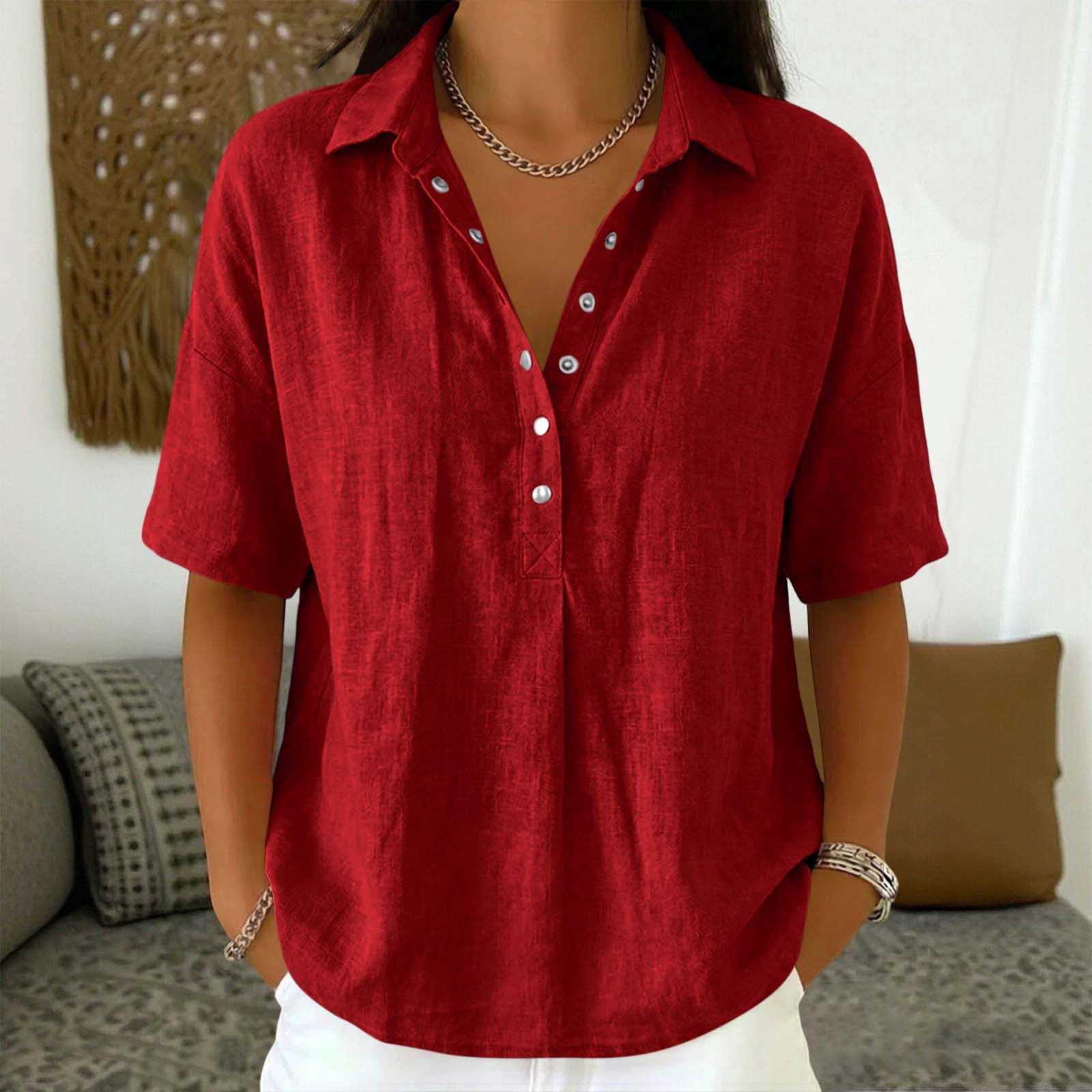 QUNYINEY Collared Womens Blouses Cotton Linen Short Sleeve Casual Shirt ...