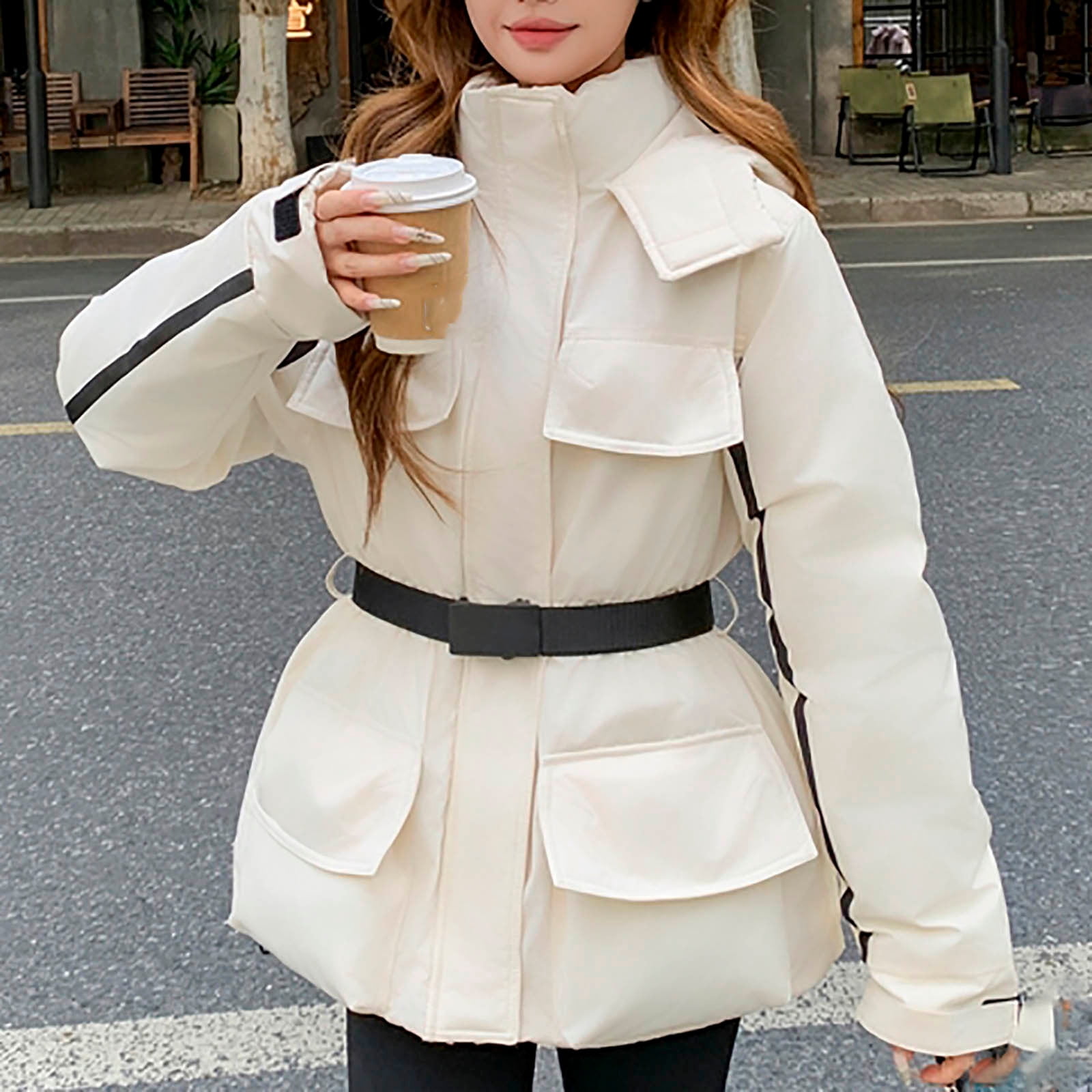 QUNYINEY Womens Puffer Jacket White Zip Up Ski Jacket Windbreaker Loose ...