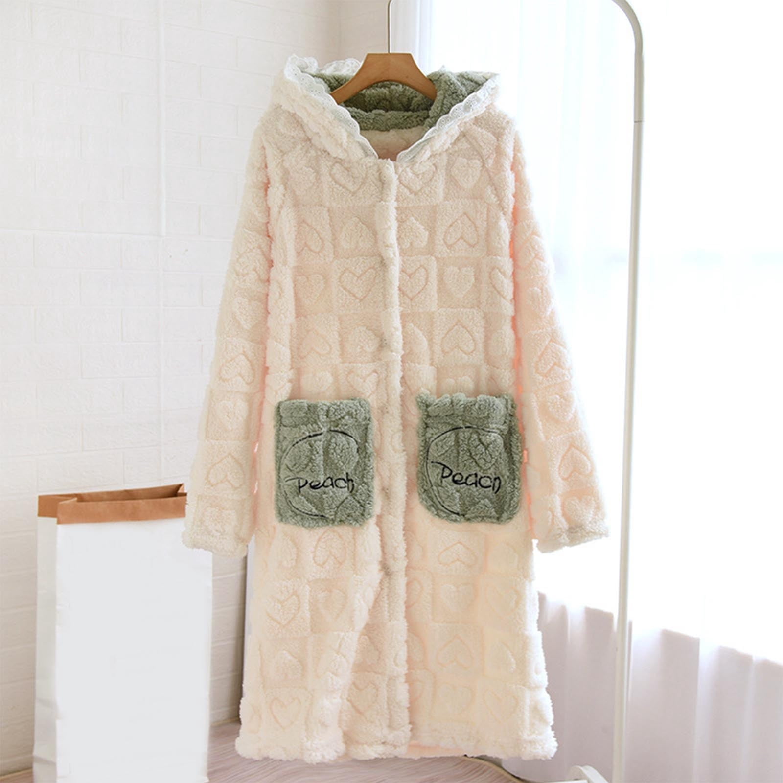 QUNYINEY Womens Robes Love Heart Flannel Cute Long Housecoat Long ...