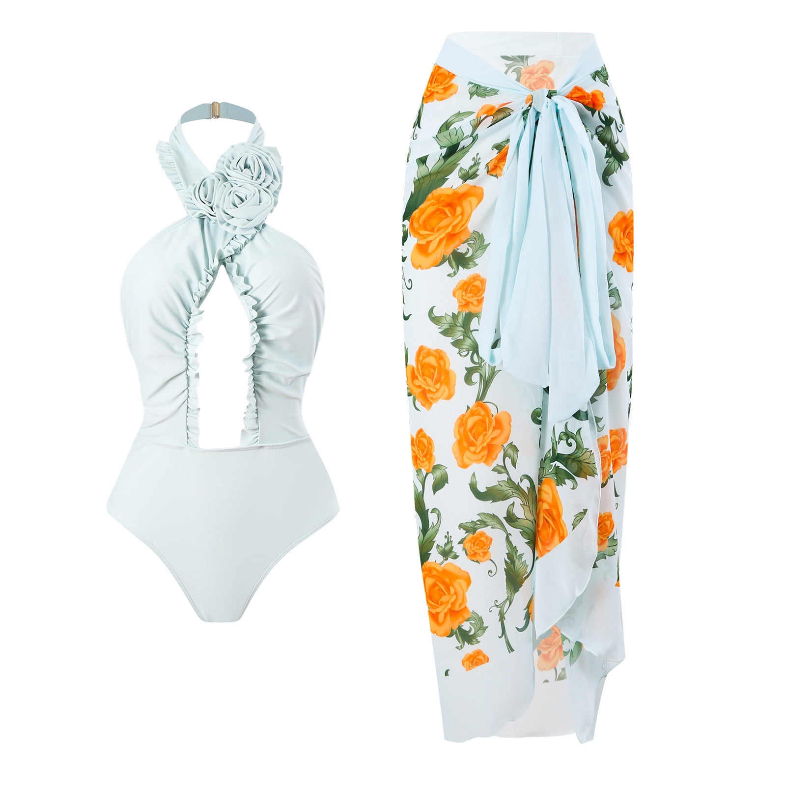 QUNYINEY Womens Swimsuit Floral High Waist Bathing Suit Cover Up Wrap ...