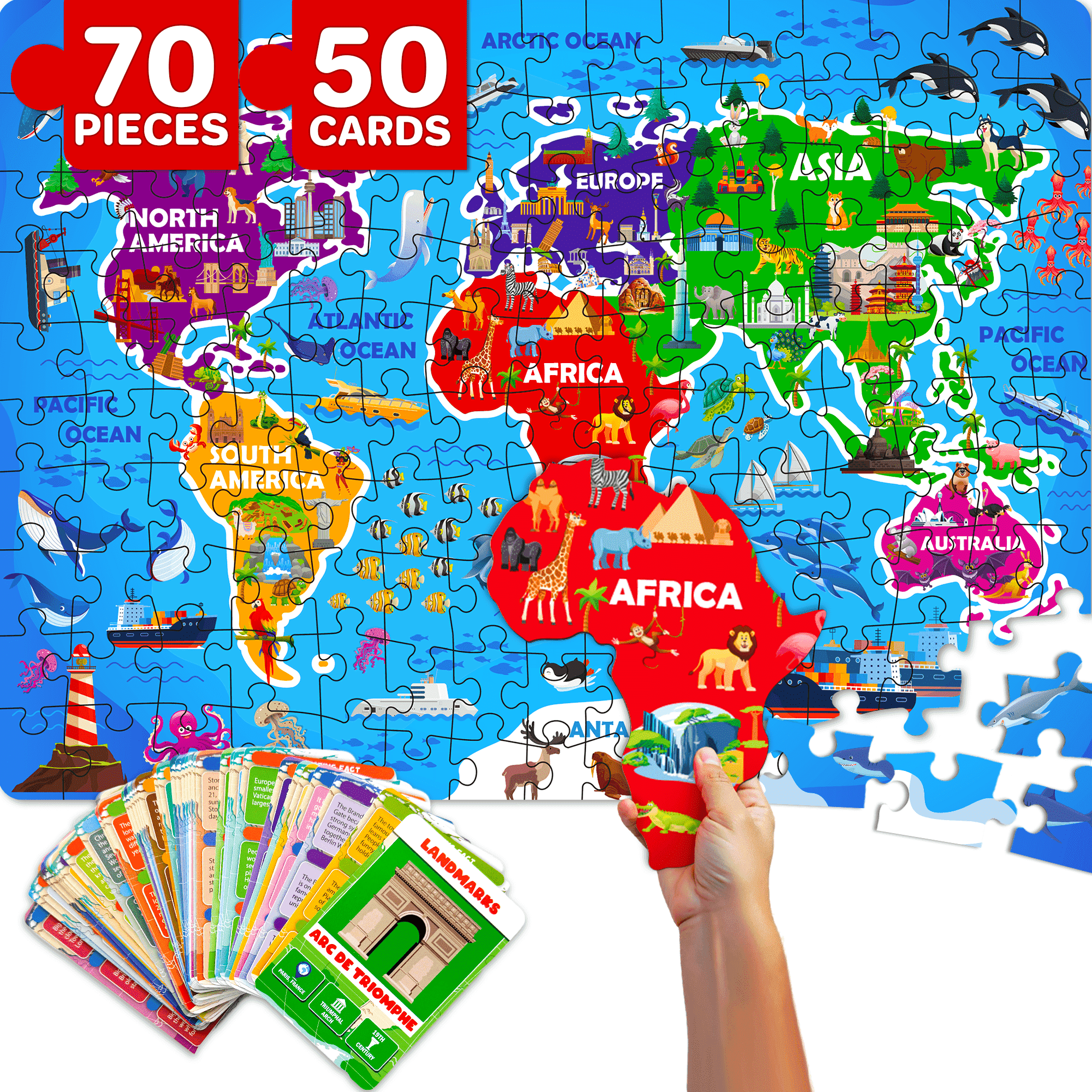Quokka 70-Piece World Map Puzzle with 50 Flashcards – Educational ...