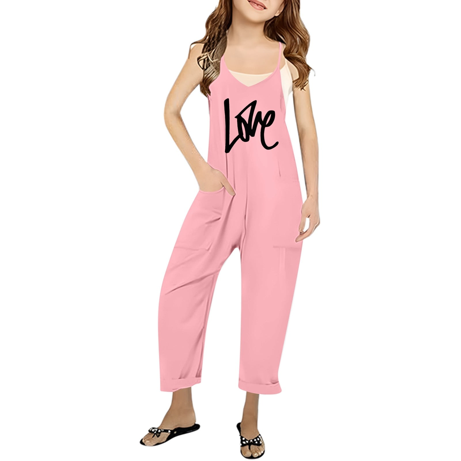 QUOTAY Girls Summer Print V Neck Sleeveless Long Sleeve Romper Loose ...