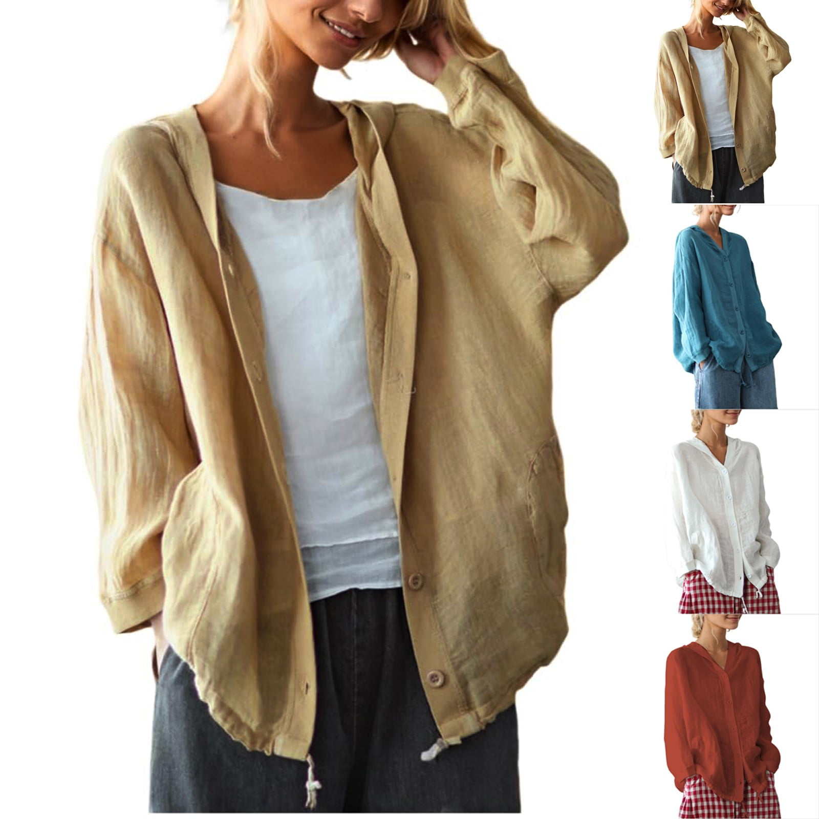 QURATI Women's Cotton Linen Lightweight Hooded Loose Button Down Cover ...
