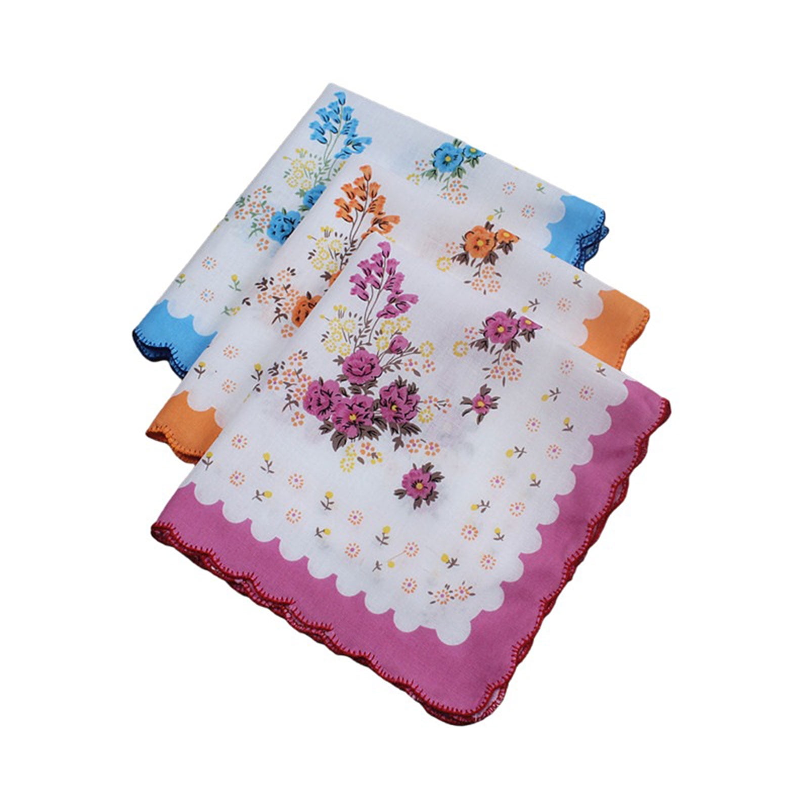 QUSENLON 3pieces Women Wavy Edge Cotton Handkerchiefs Flower ...
